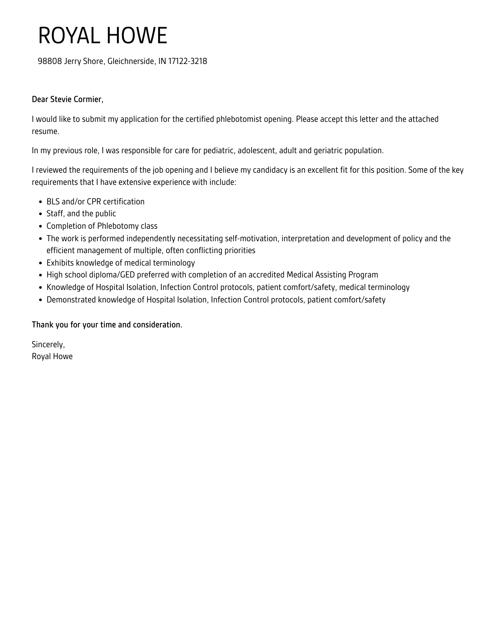 Certified Phlebotomist Cover Letter Velvet Jobs