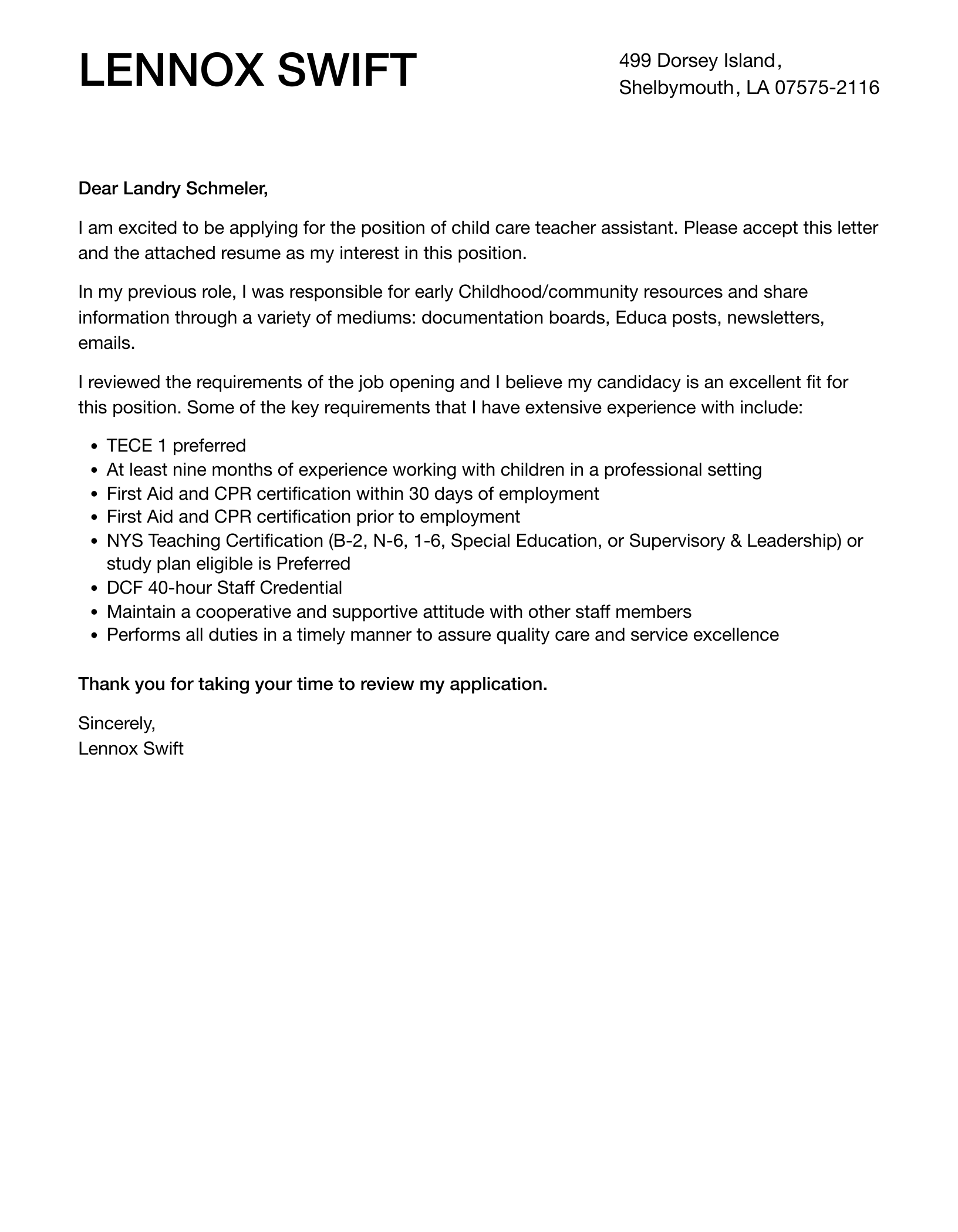 Child Care Teacher Assistant Cover Letter Velvet Jobs