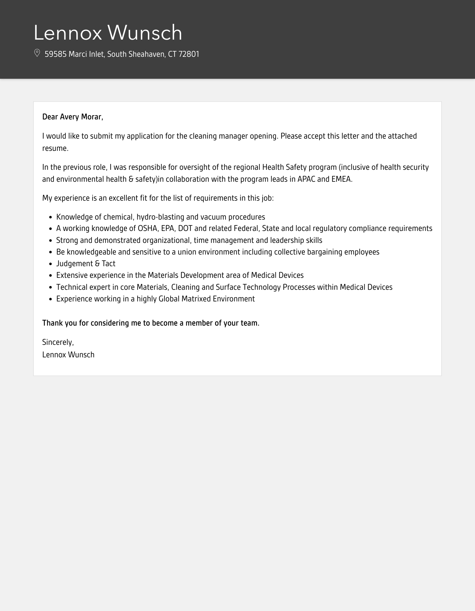 Cleaning Manager Cover Letter Velvet Jobs