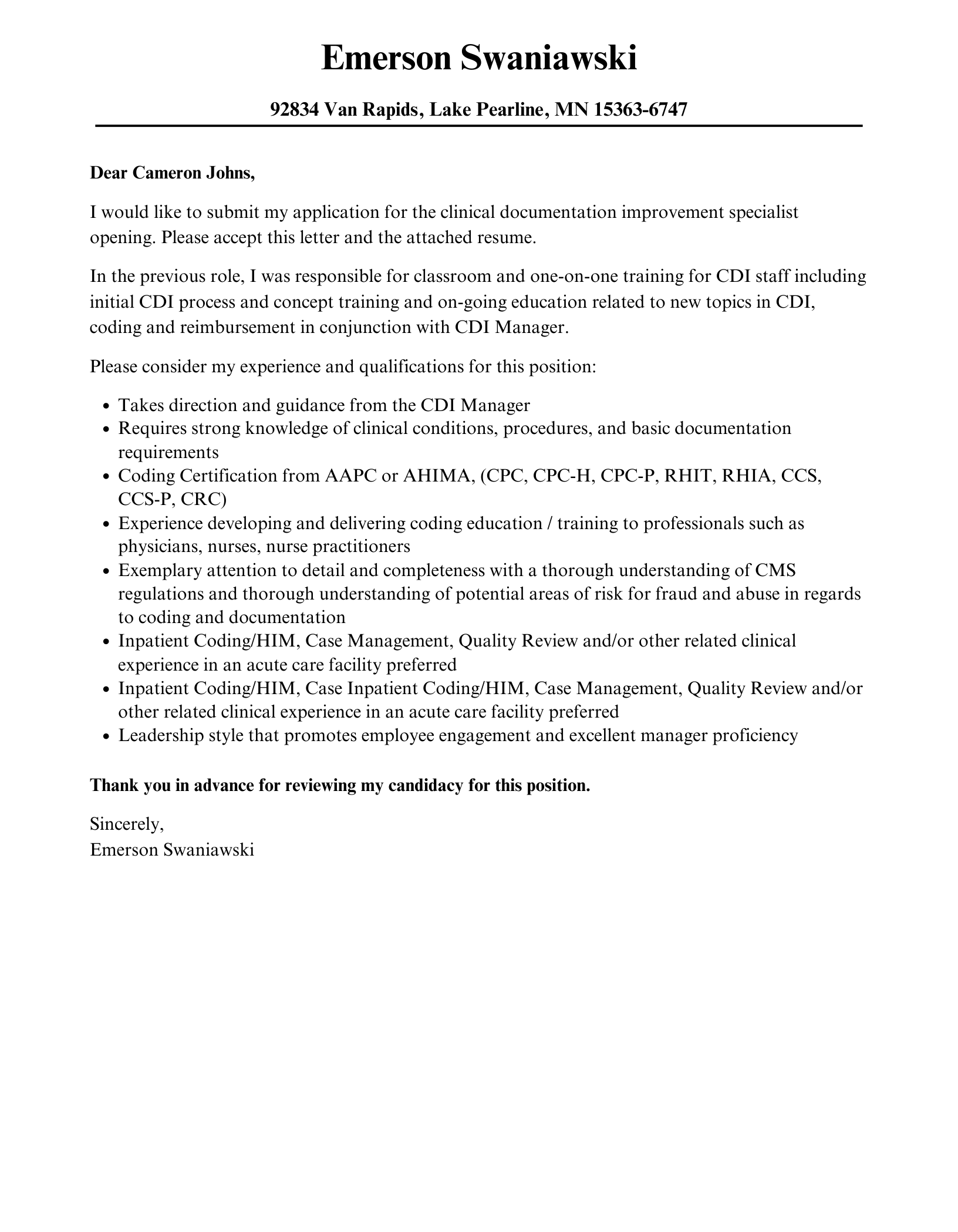 Clinical Documentation Improvement Specialist Cover Letter Velvet Jobs Clinical Documentation Improvement Specialist Cover Letter Velvet Jobs