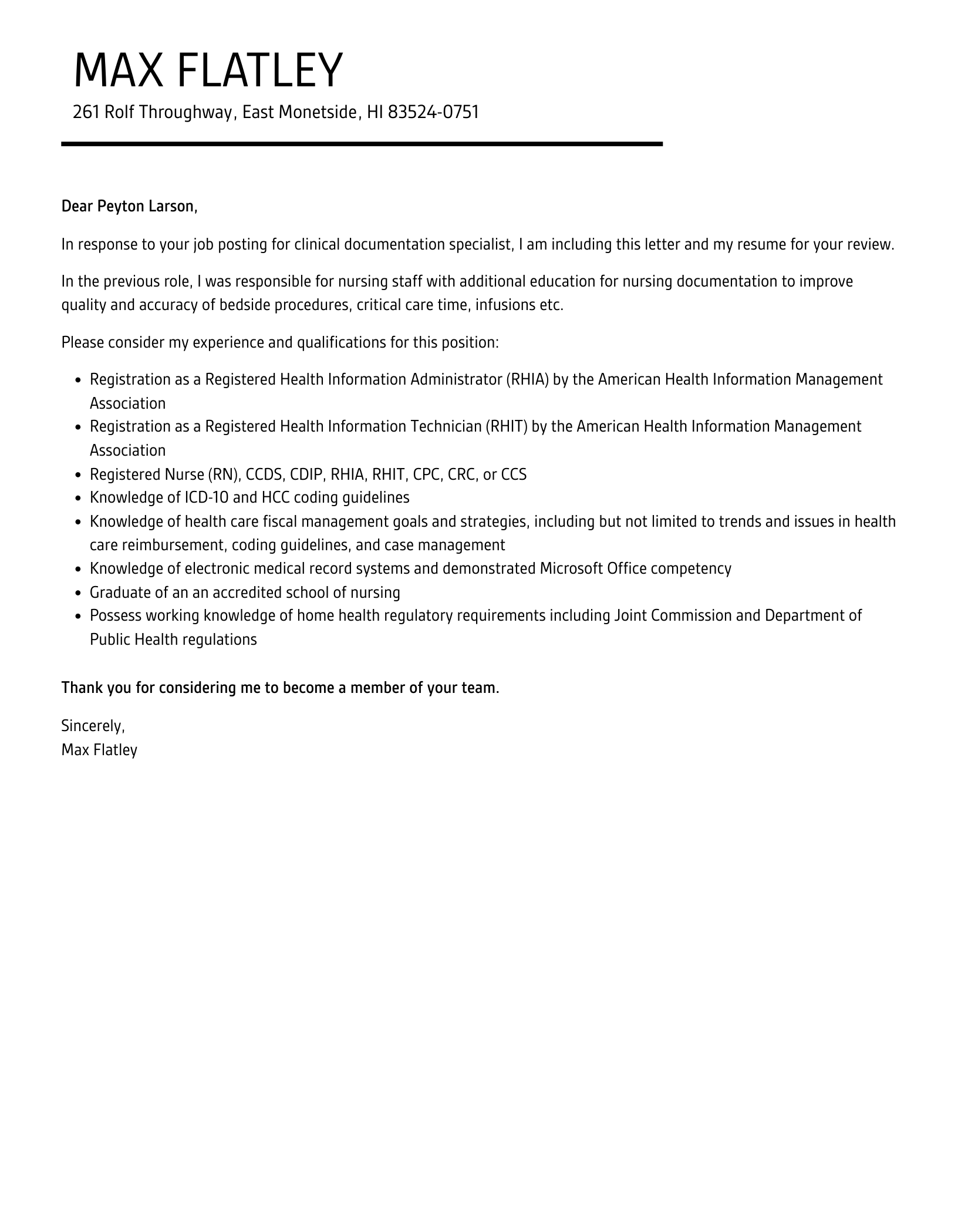 Clinical Documentation Specialist Cover Letter Velvet Jobs Clinical Documentation Specialist Cover Letter Velvet Jobs