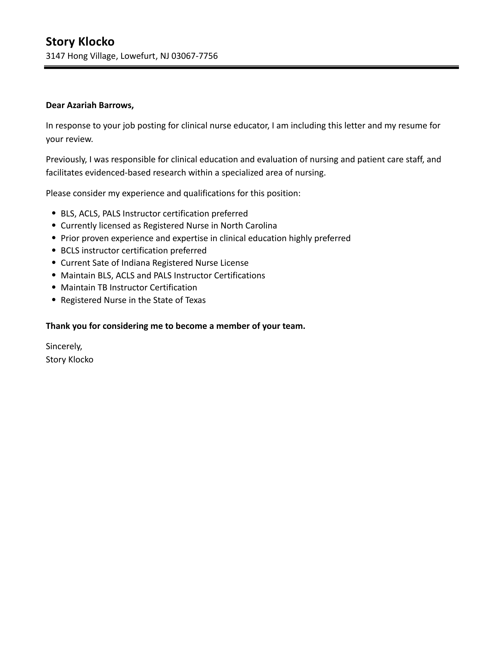 Clinical Nurse Educator Cover Letter Velvet Jobs