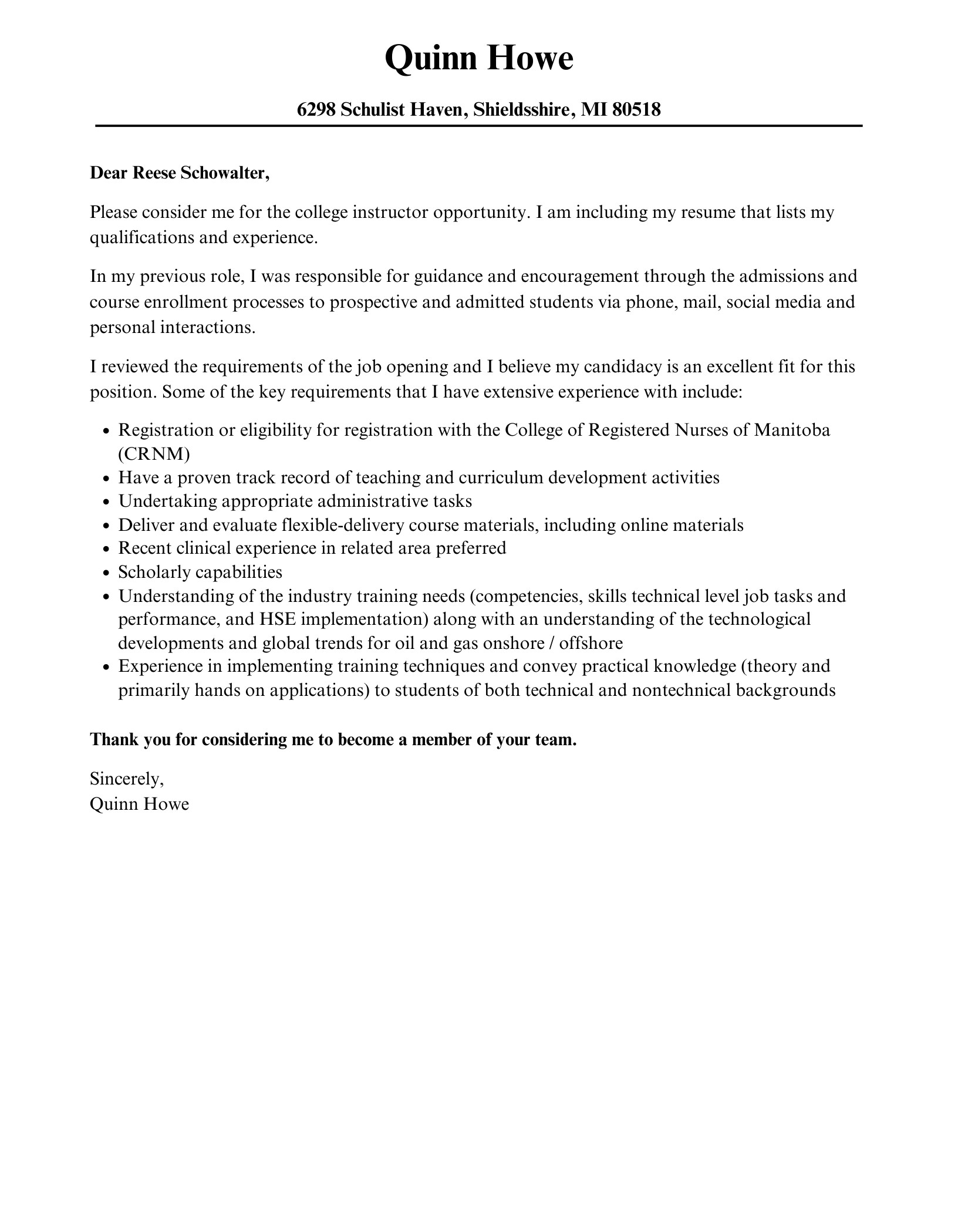 College Instructor Cover Letter Velvet Jobs