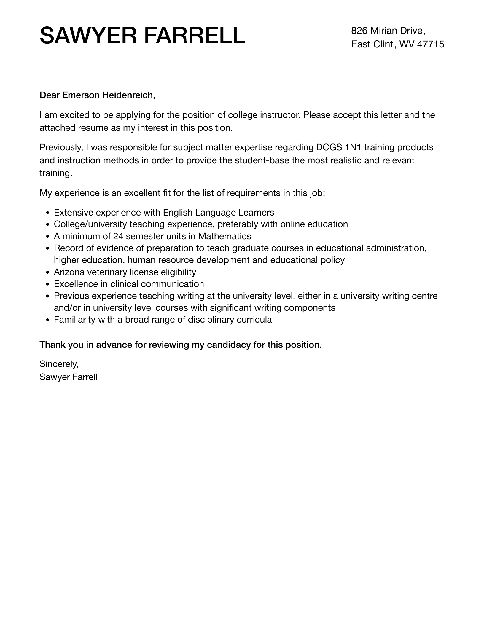 College Instructor Cover Letter Velvet Jobs