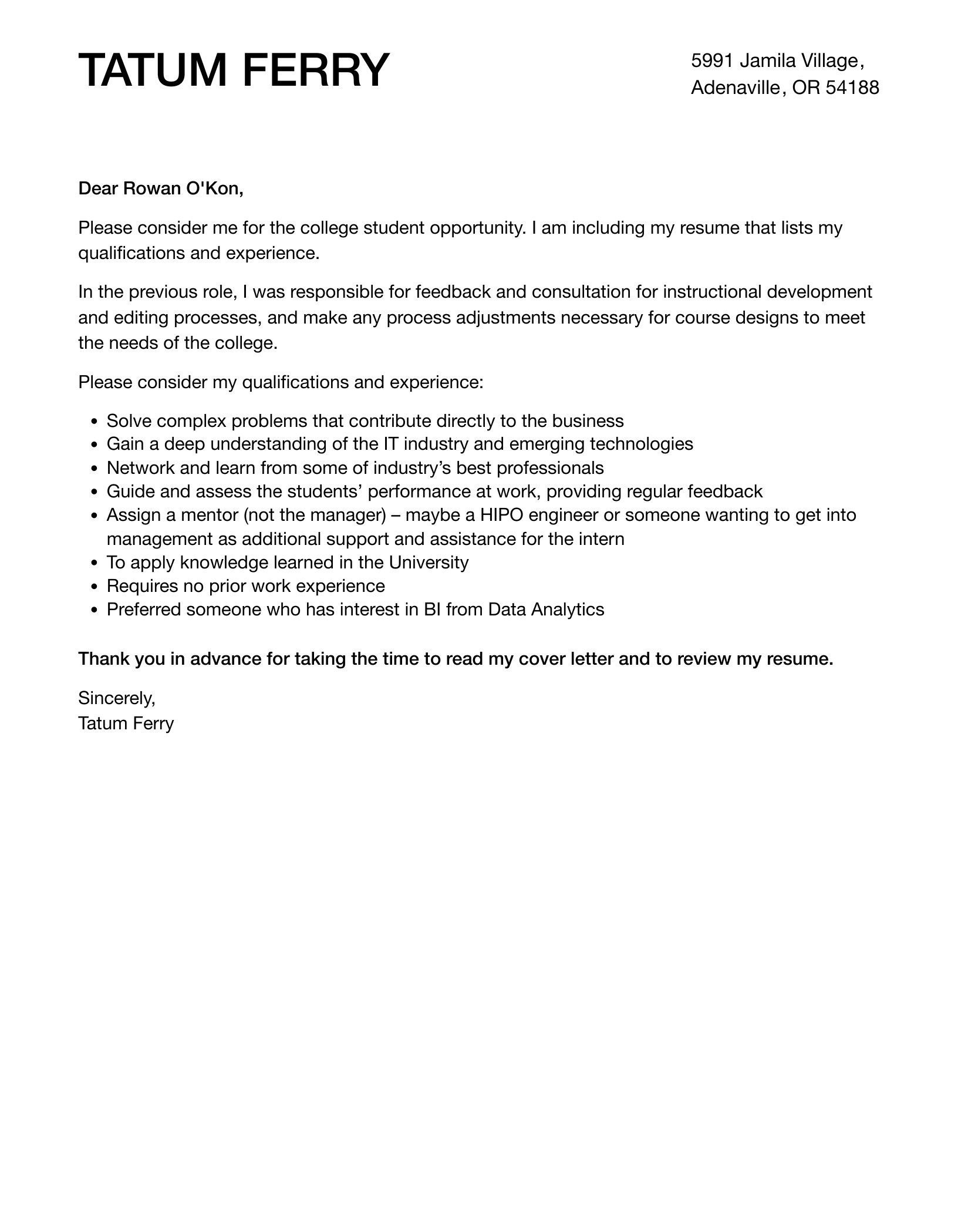 Cover Letter Examples College