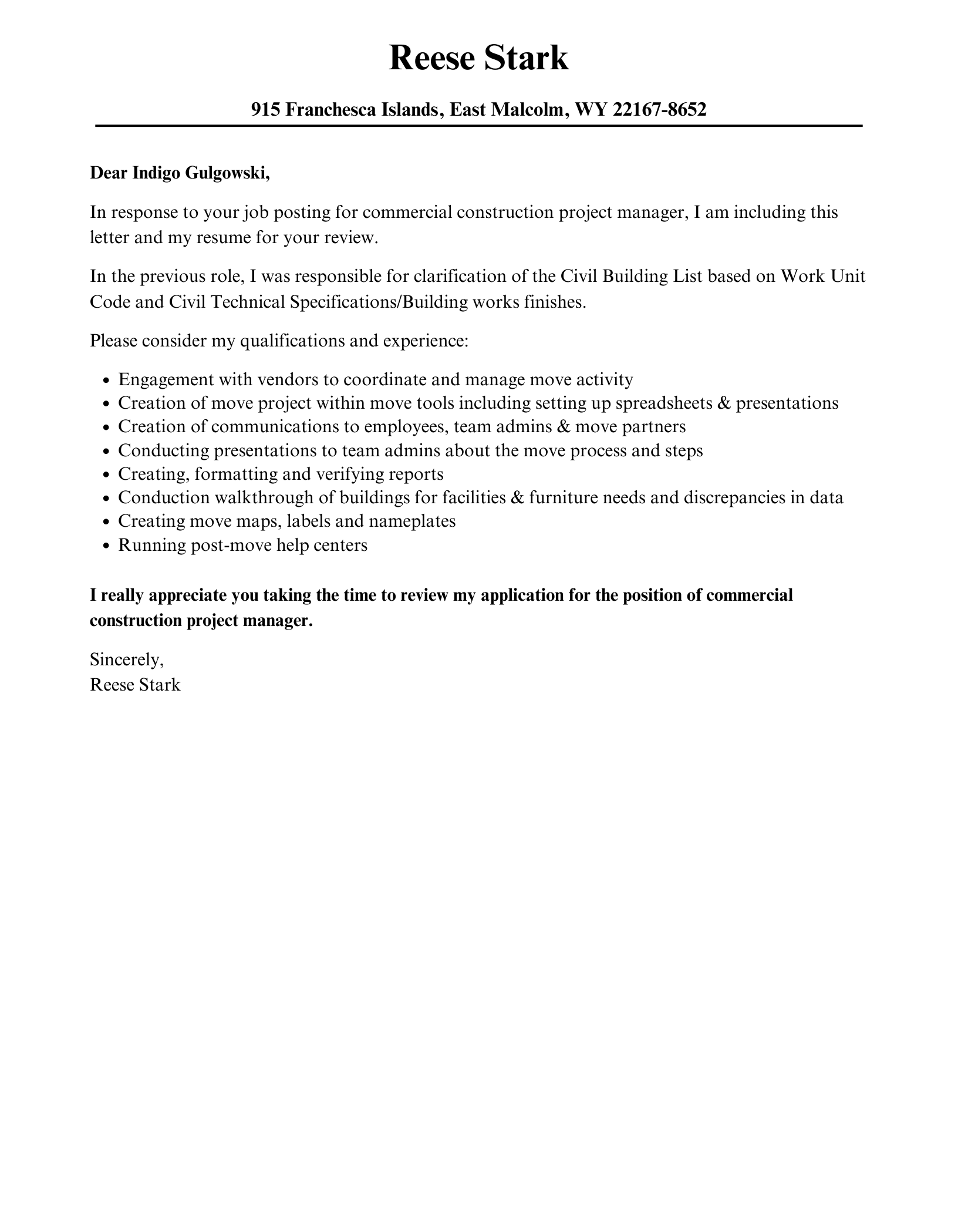 Commercial Construction Project Manager Cover Letter Velvet Jobs