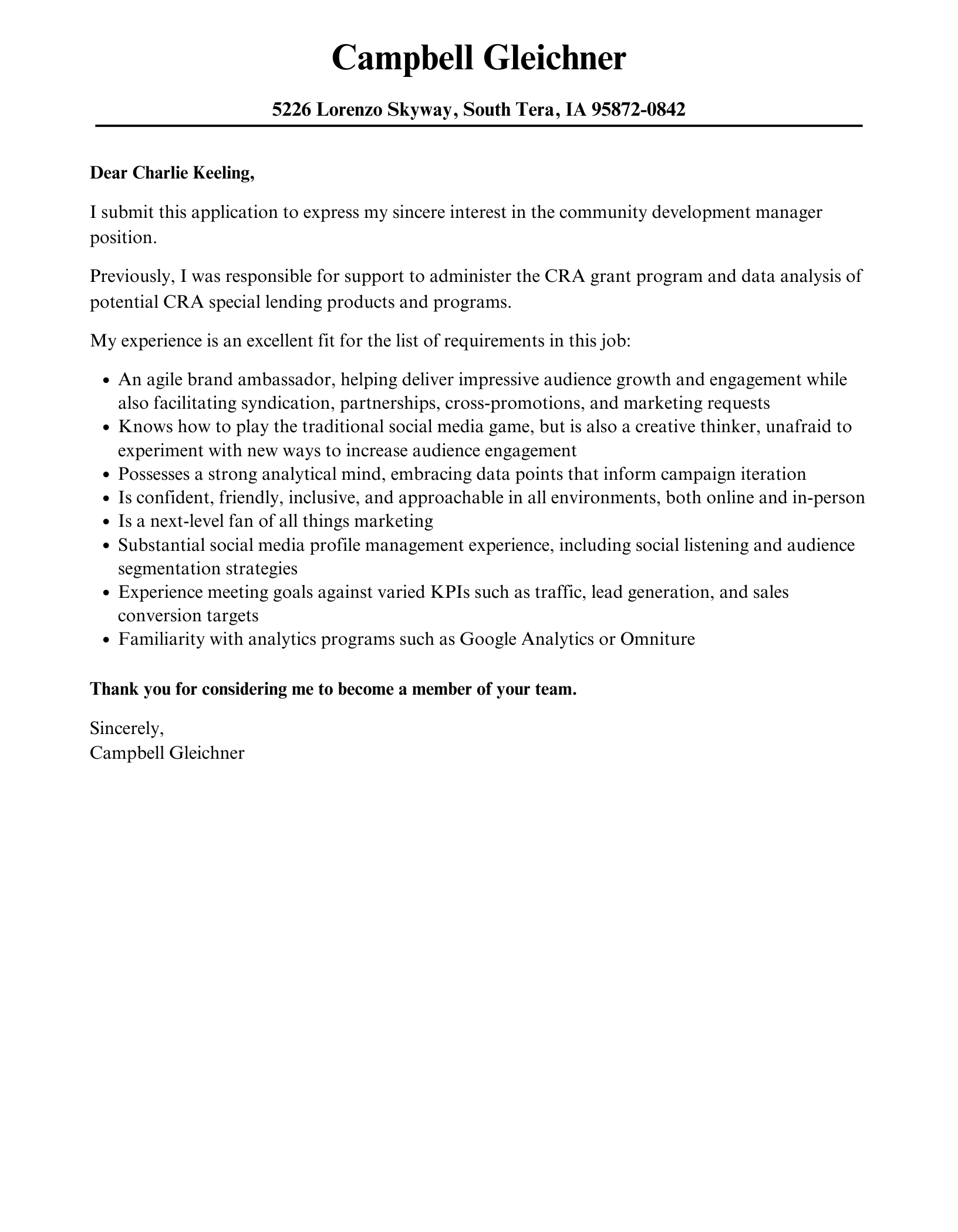 Community Development Manager Cover Letter Velvet Jobs