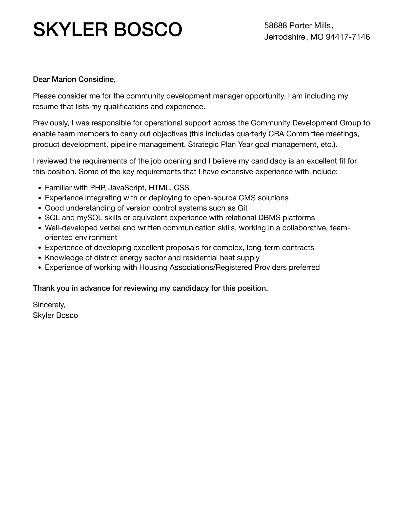 Community Development Manager Cover Letter Velvet Jobs