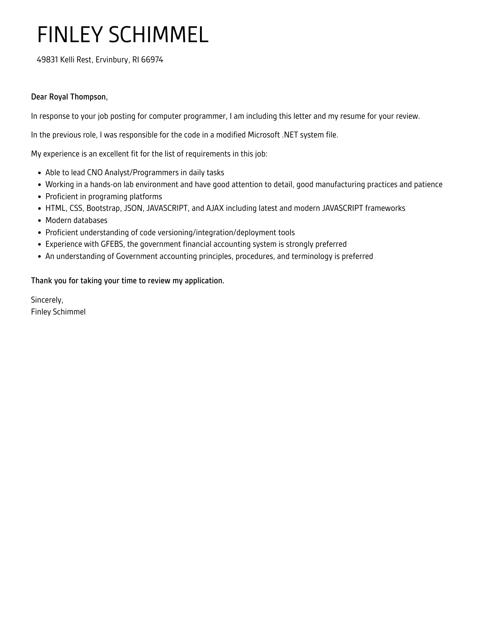 Computer Programmer Cover Letter Velvet Jobs