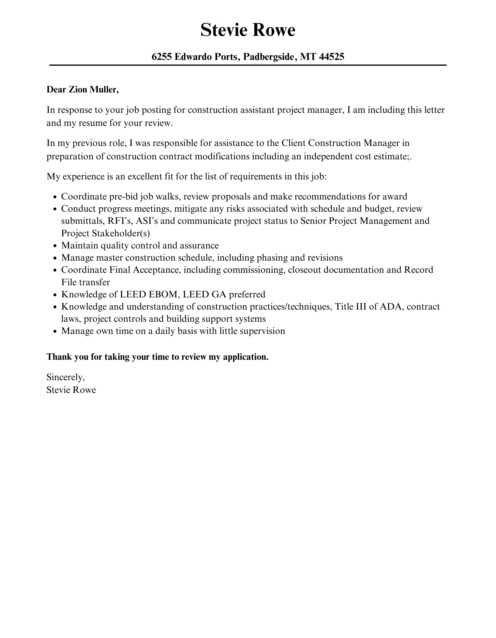 Construction Assistant Project Manager Cover Letter Velvet Jobs