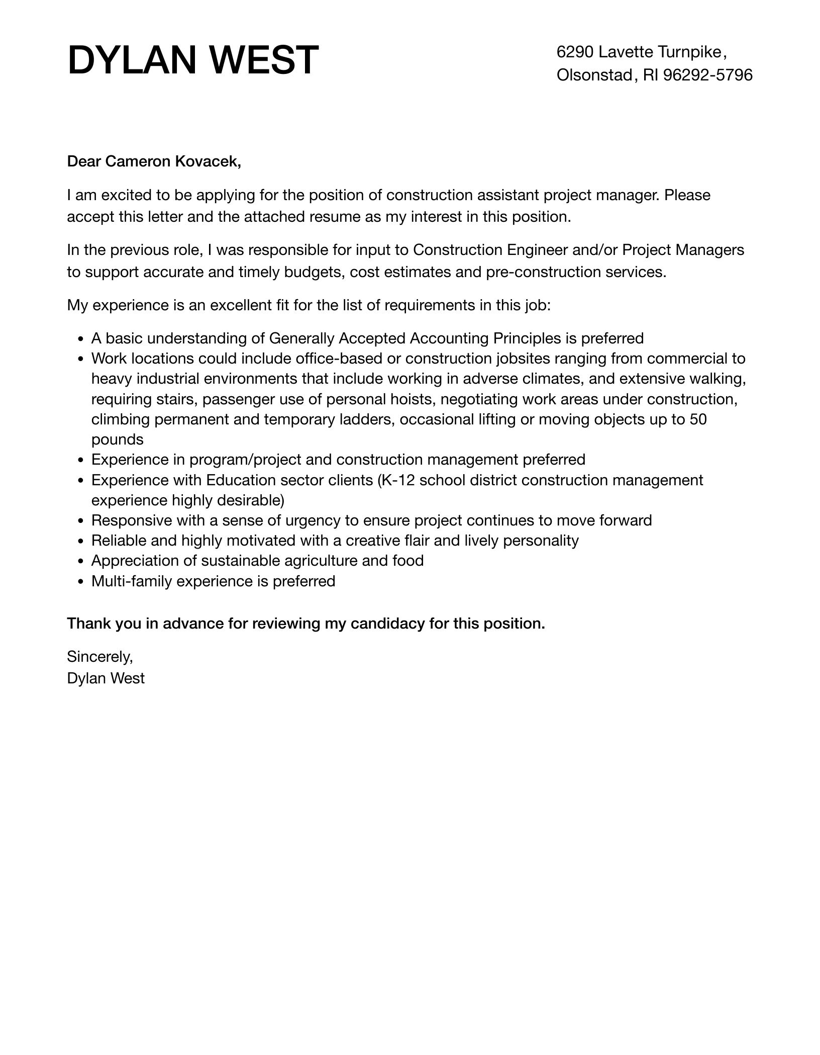 Construction Assistant Project Manager Cover Letter Velvet Jobs