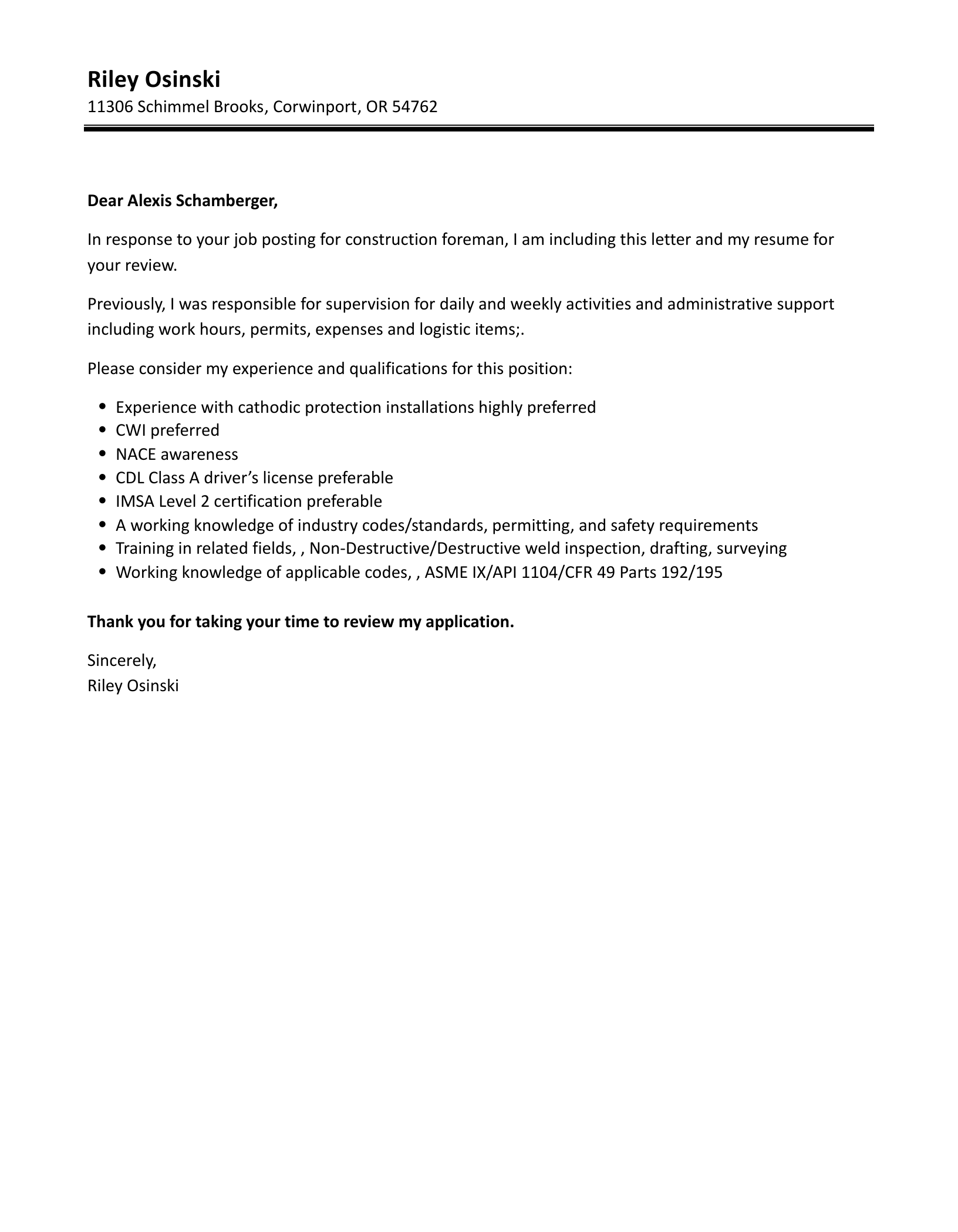 Construction Foreman Cover Letter Velvet Jobs