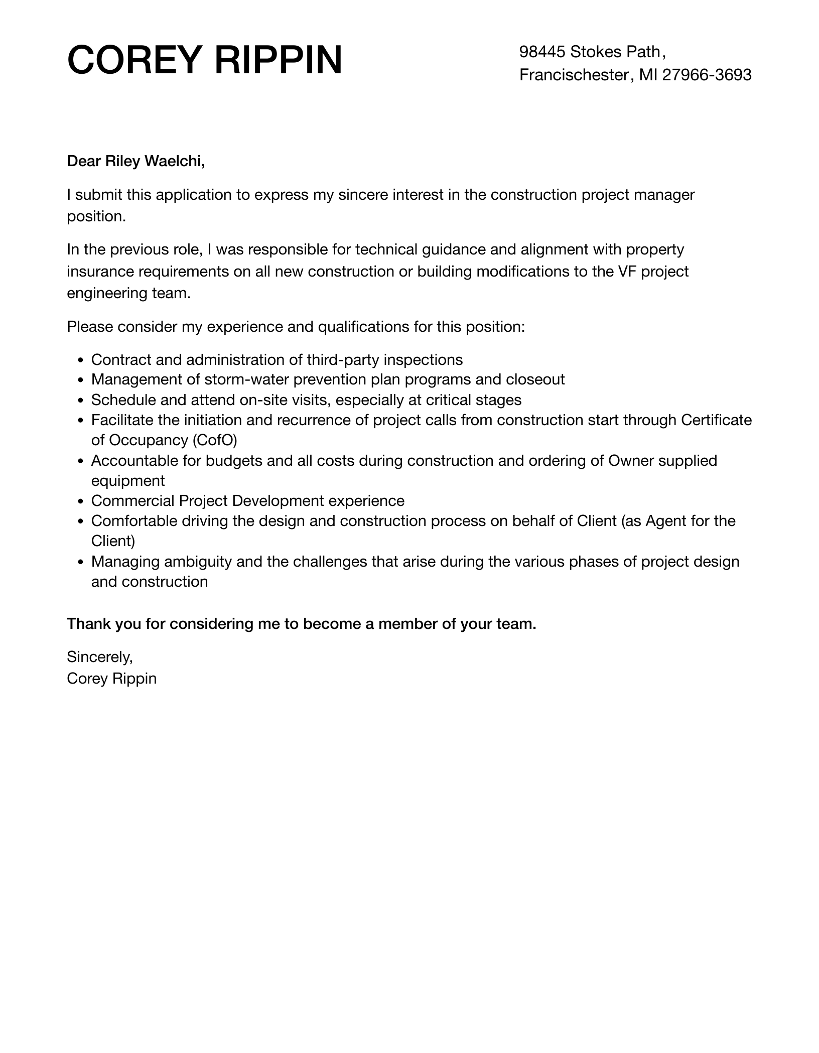 Construction Project Manager Cover Letter Velvet Jobs