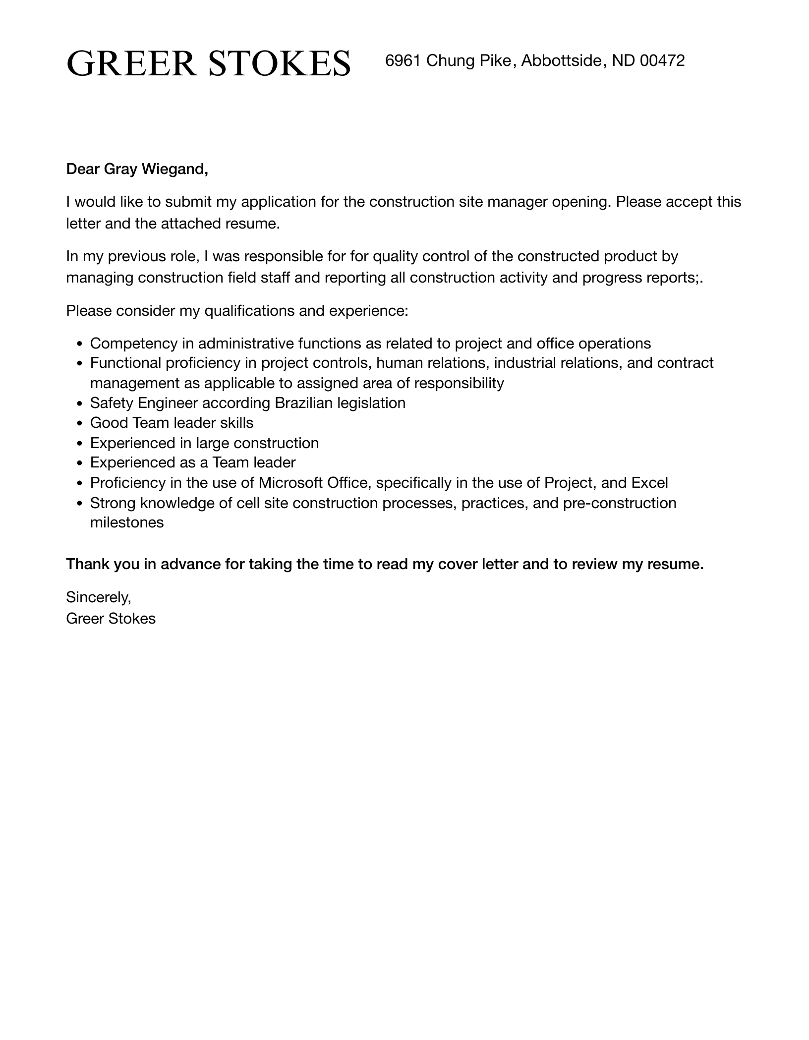 Construction Site Manager Cover Letter Velvet Jobs