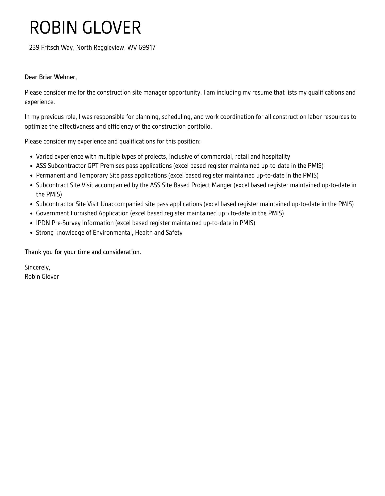 Construction Site Manager Cover Letter Velvet Jobs
