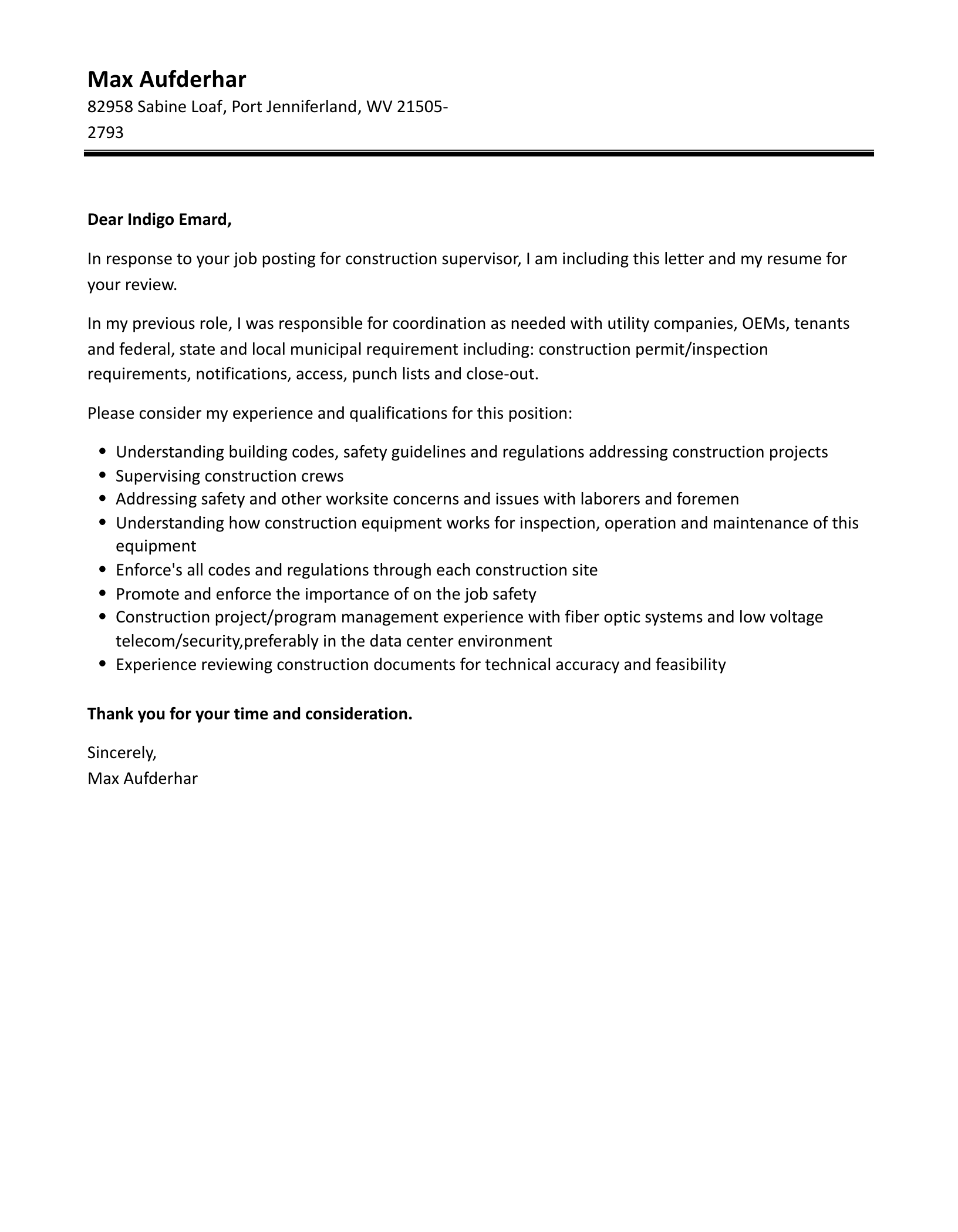 Construction Supervisor Cover Letter Velvet Jobs