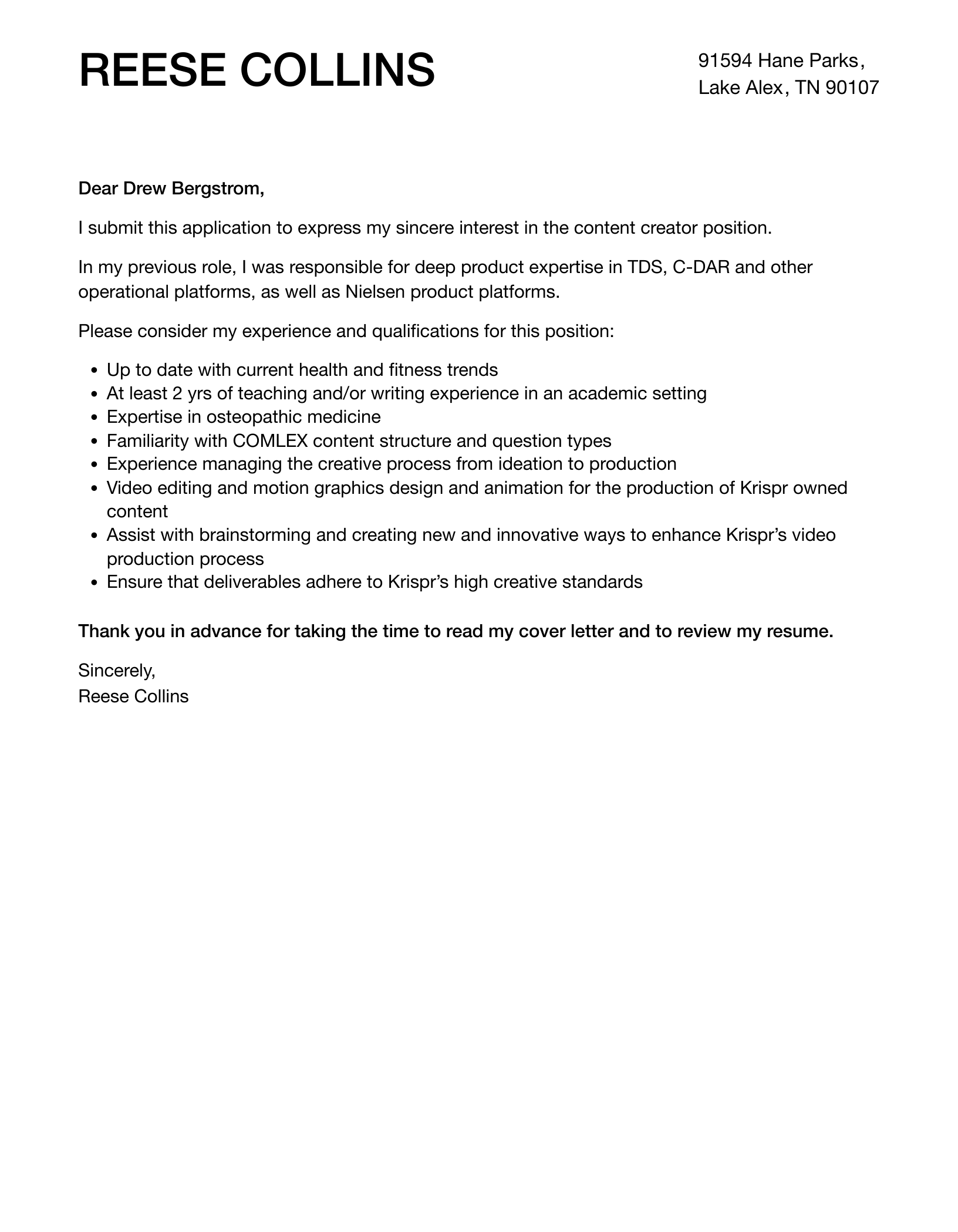 Content Creator Cover Letter Velvet Jobs