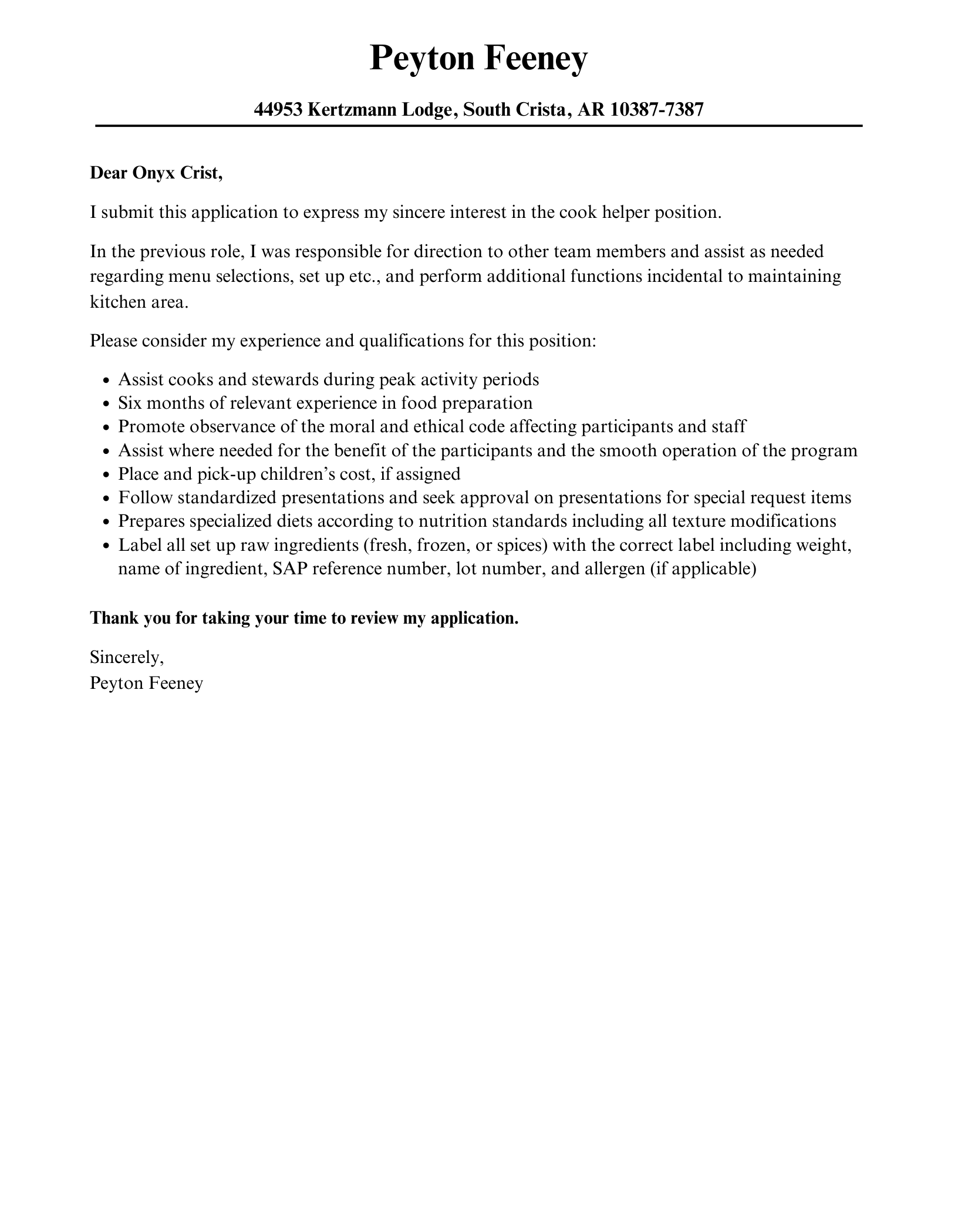 Cook Helper Cover Letter Velvet Jobs