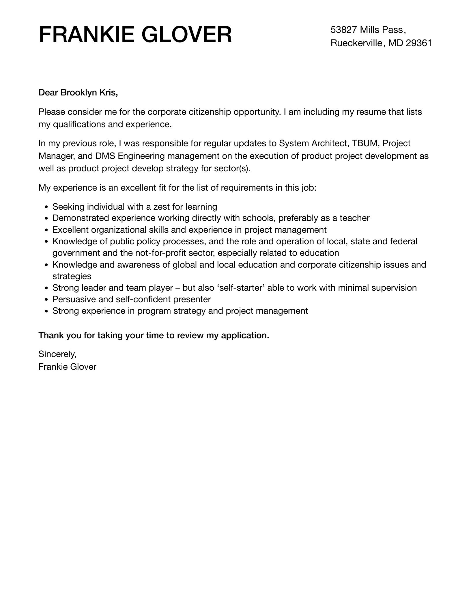Corporate Citizenship Cover Letter Velvet Jobs
