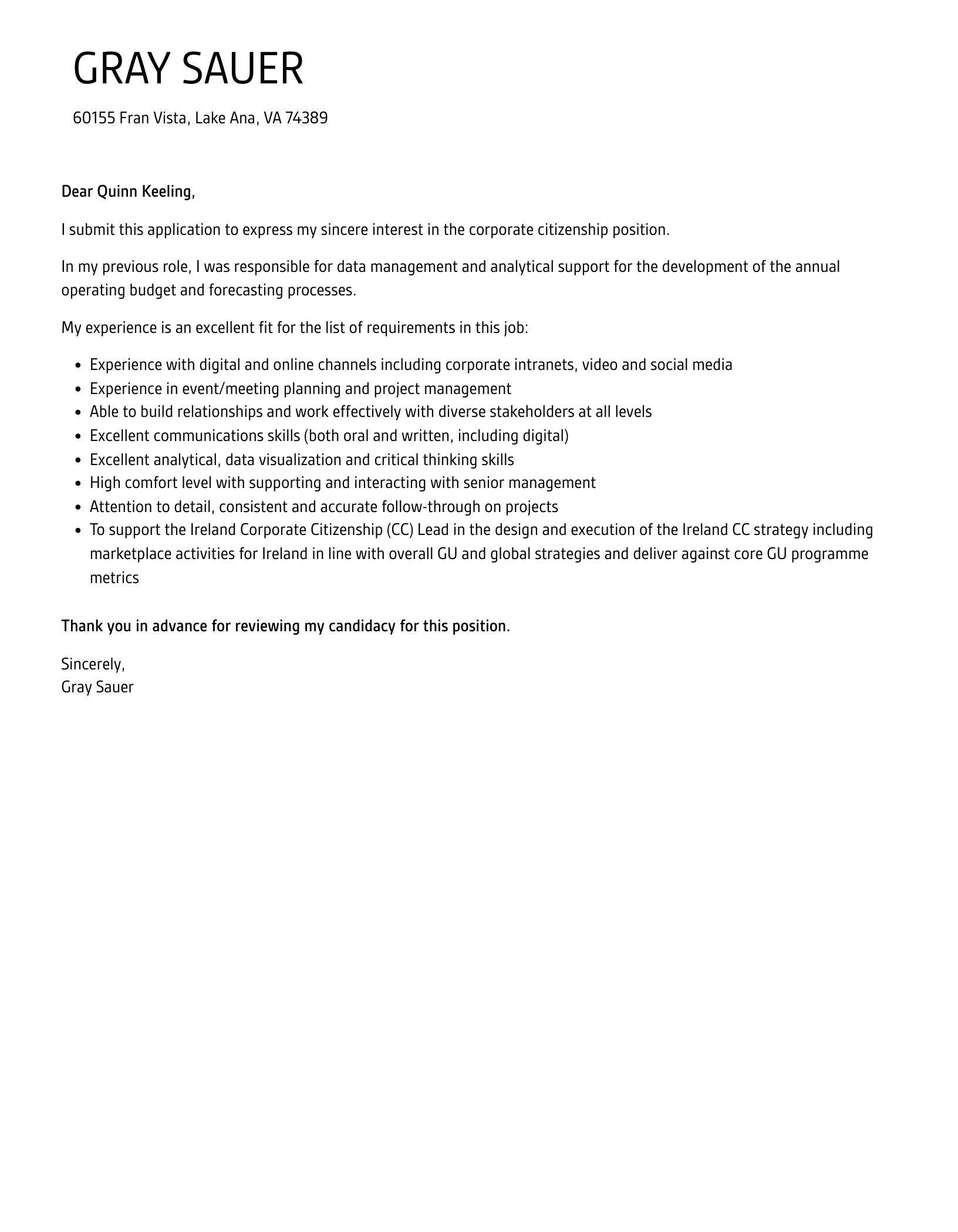 Corporate Citizenship Cover Letter Velvet Jobs
