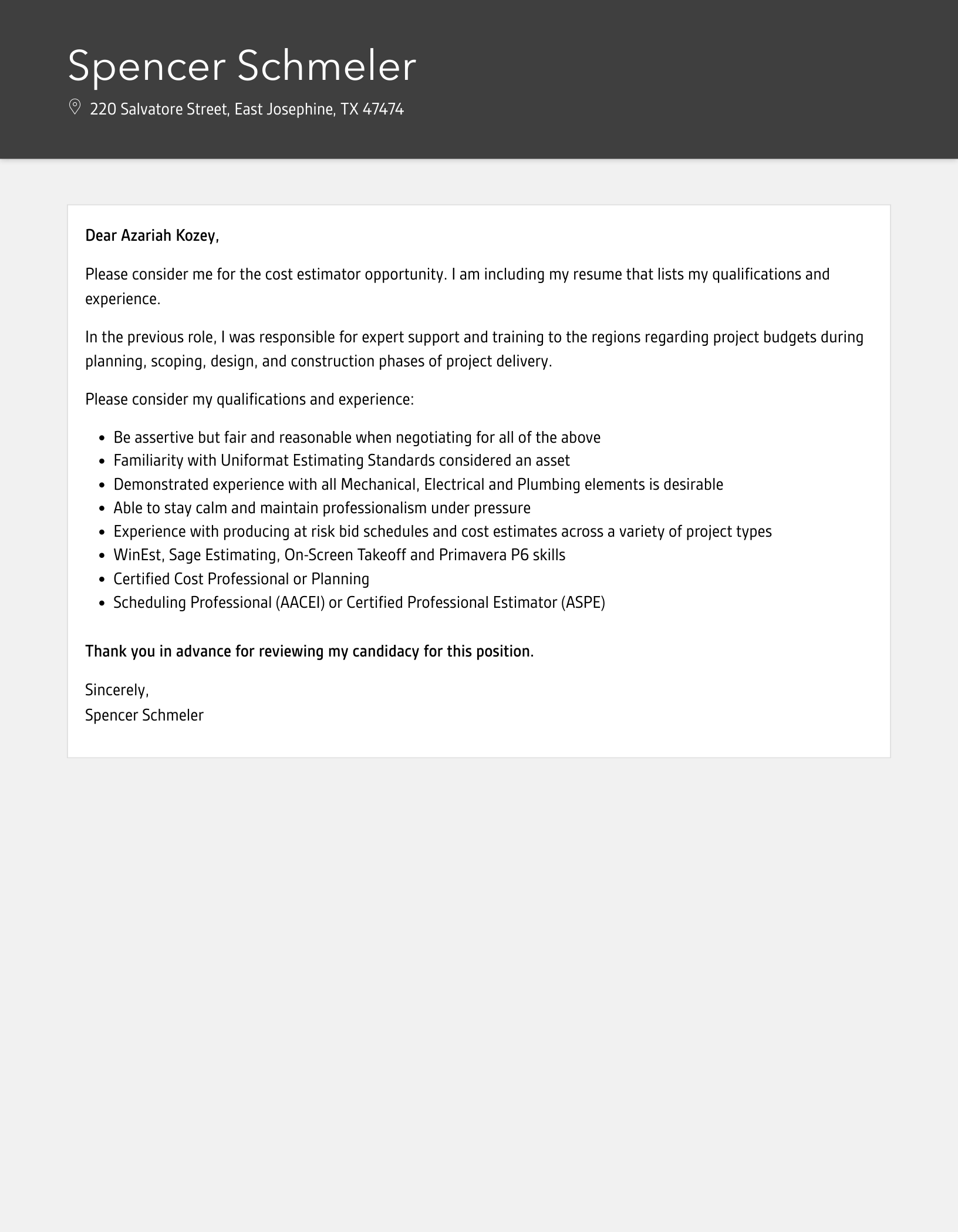 Cost Estimator Cover Letter Velvet Jobs
