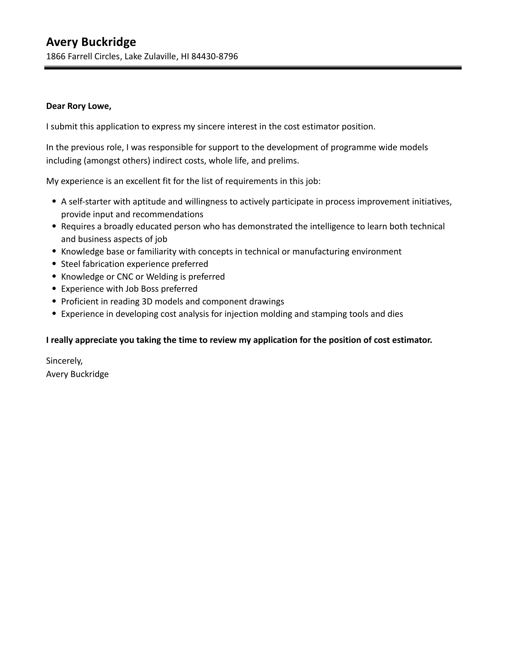 Cost Estimator Cover Letter Velvet Jobs