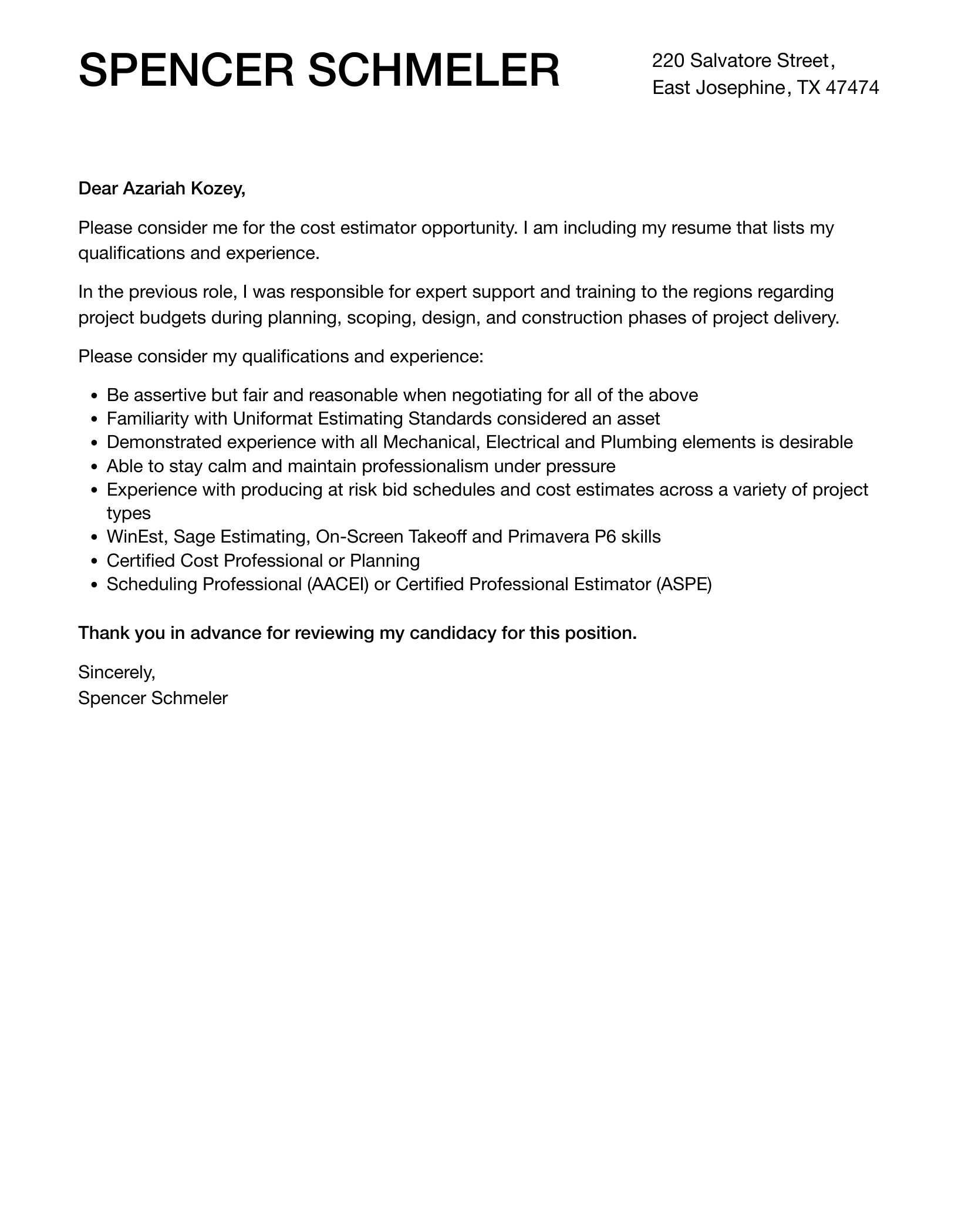 Cost Estimator Cover Letter Velvet Jobs