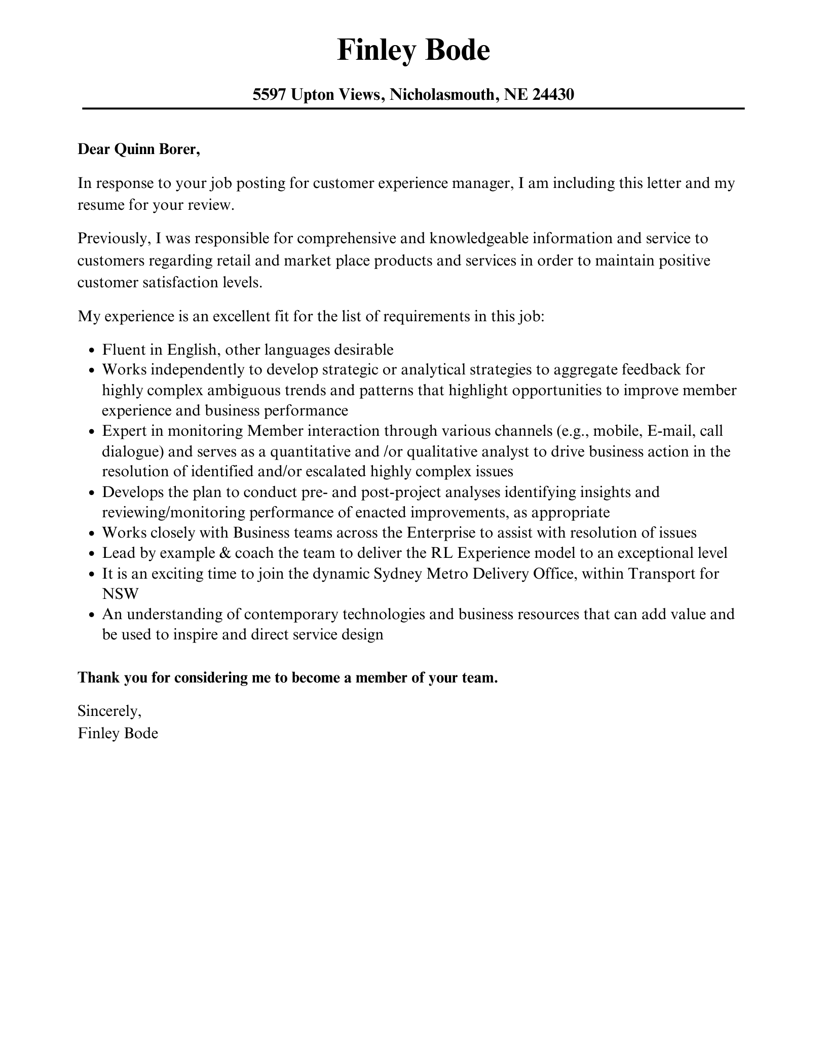 Customer Experience Manager Cover Letter Velvet Jobs