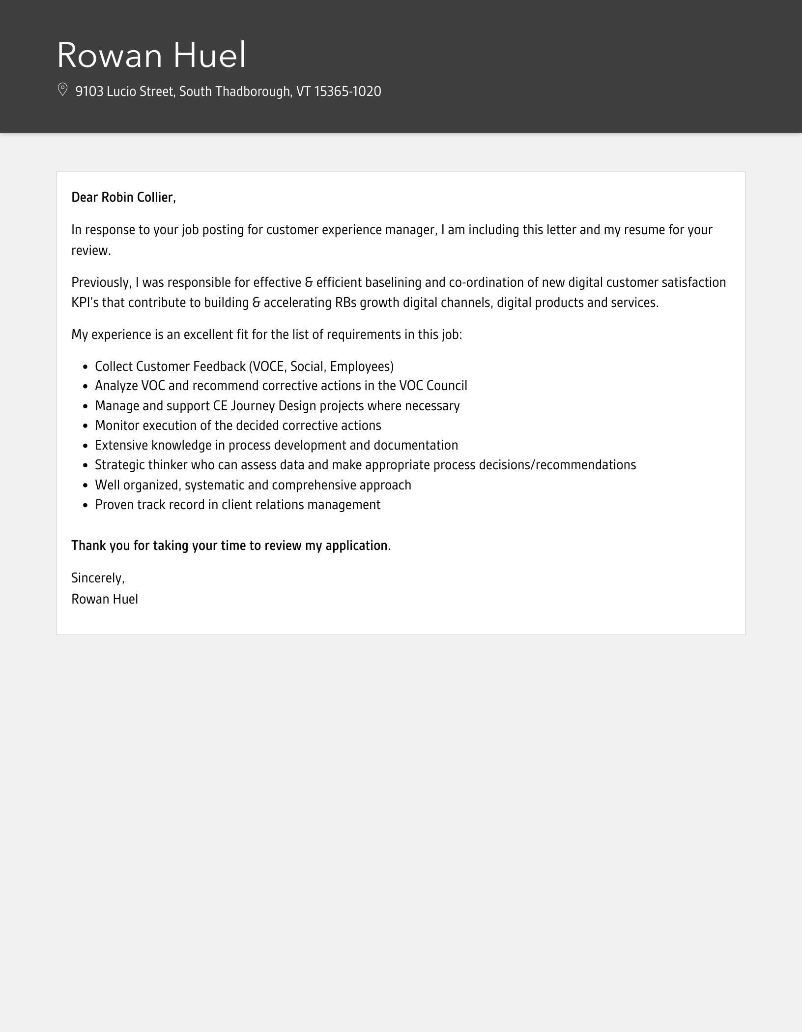 Customer Experience Manager Cover Letter Velvet Jobs