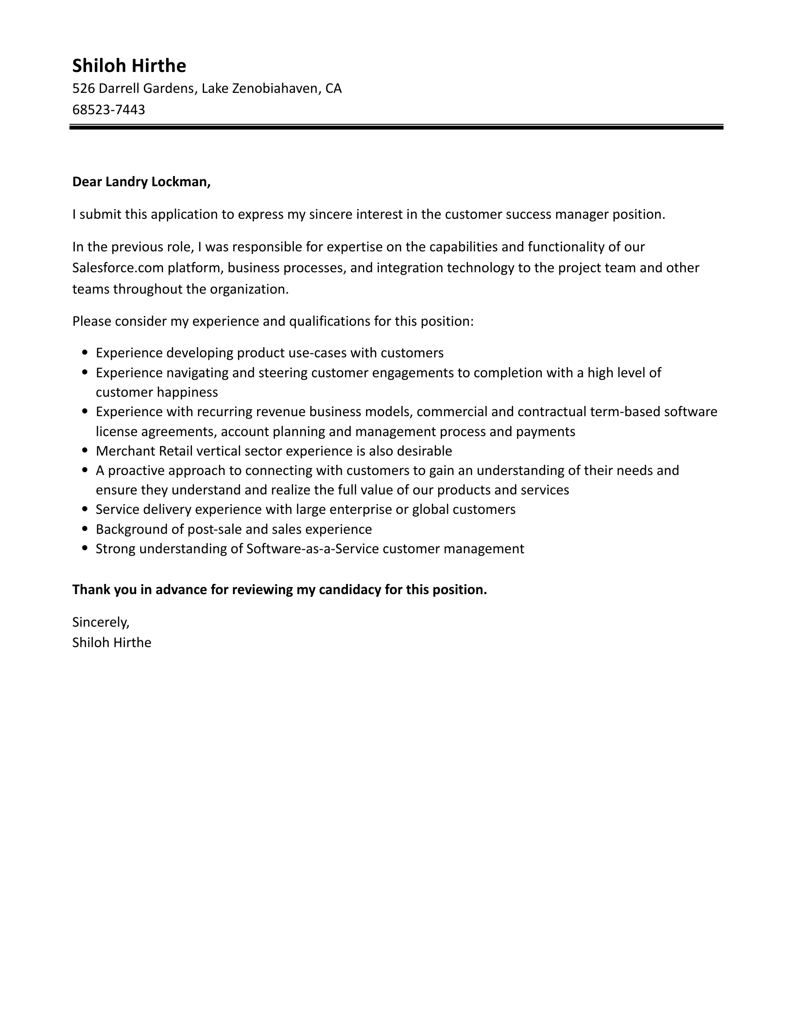 Customer Success Manager Cover Letter Velvet Jobs