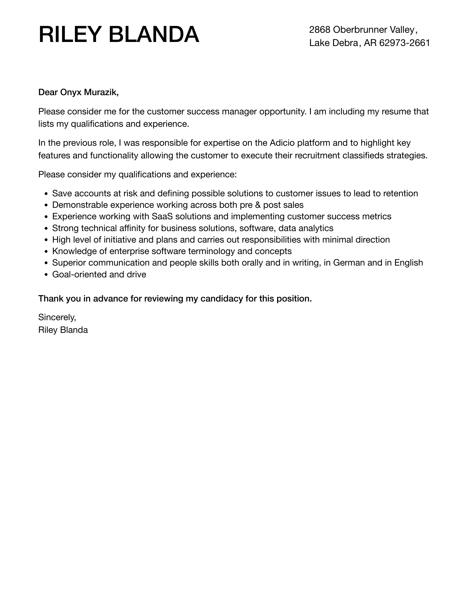Customer Success Manager Cover Letter Velvet Jobs