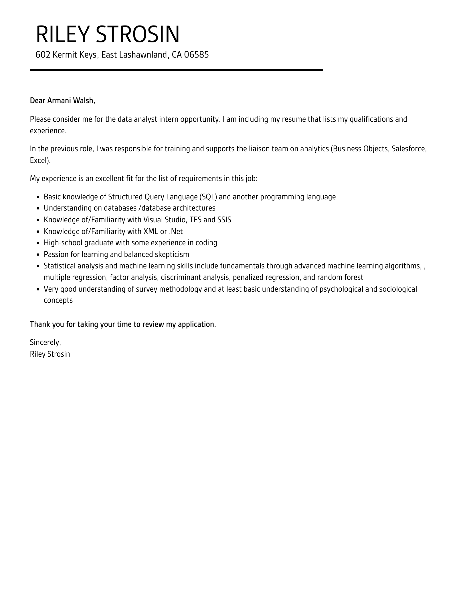 Data Analyst Intern Cover Letter Velvet Jobs
