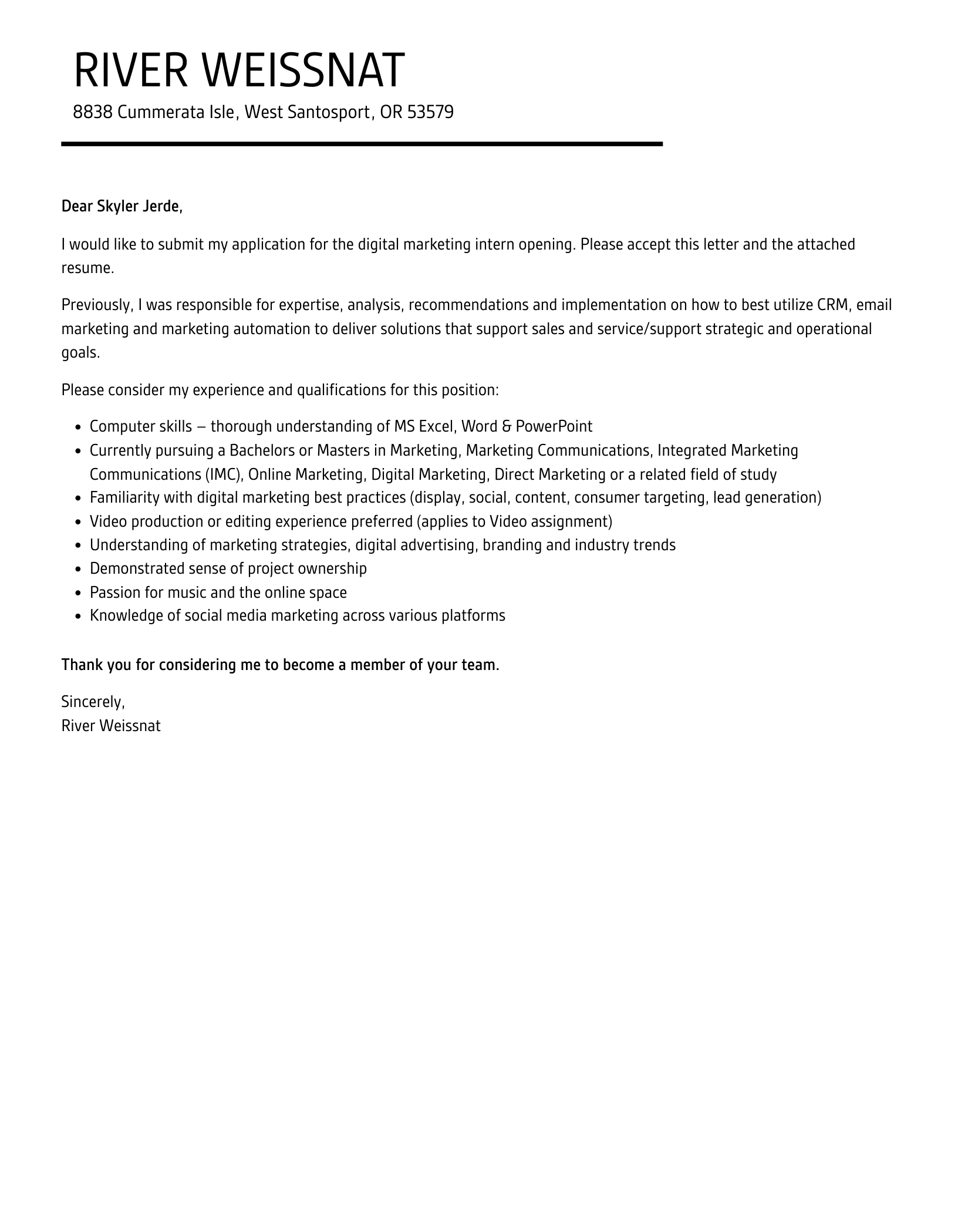 Digital Marketing Intern Cover Letter Velvet Jobs