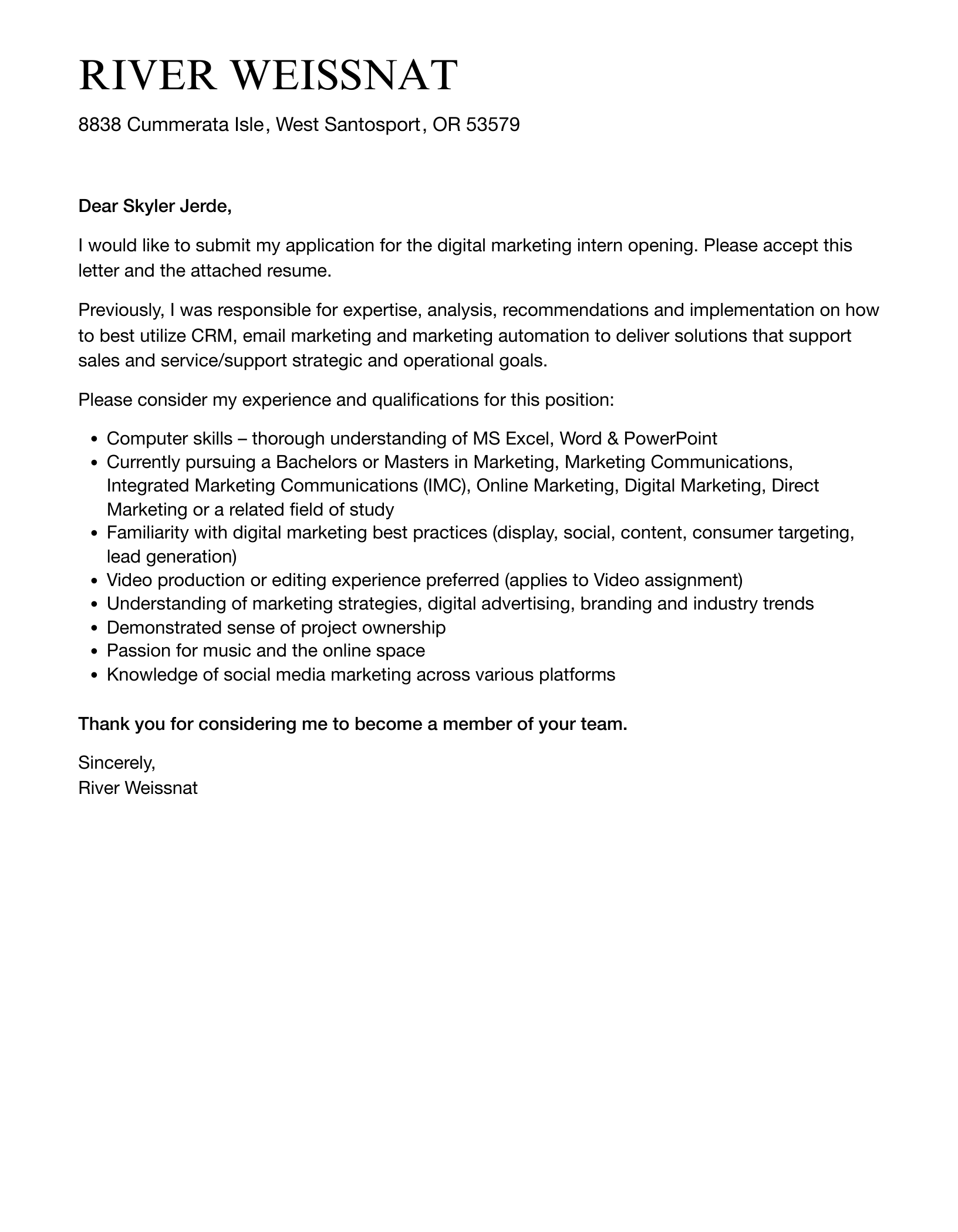 Digital Marketing Intern Cover Letter Velvet Jobs