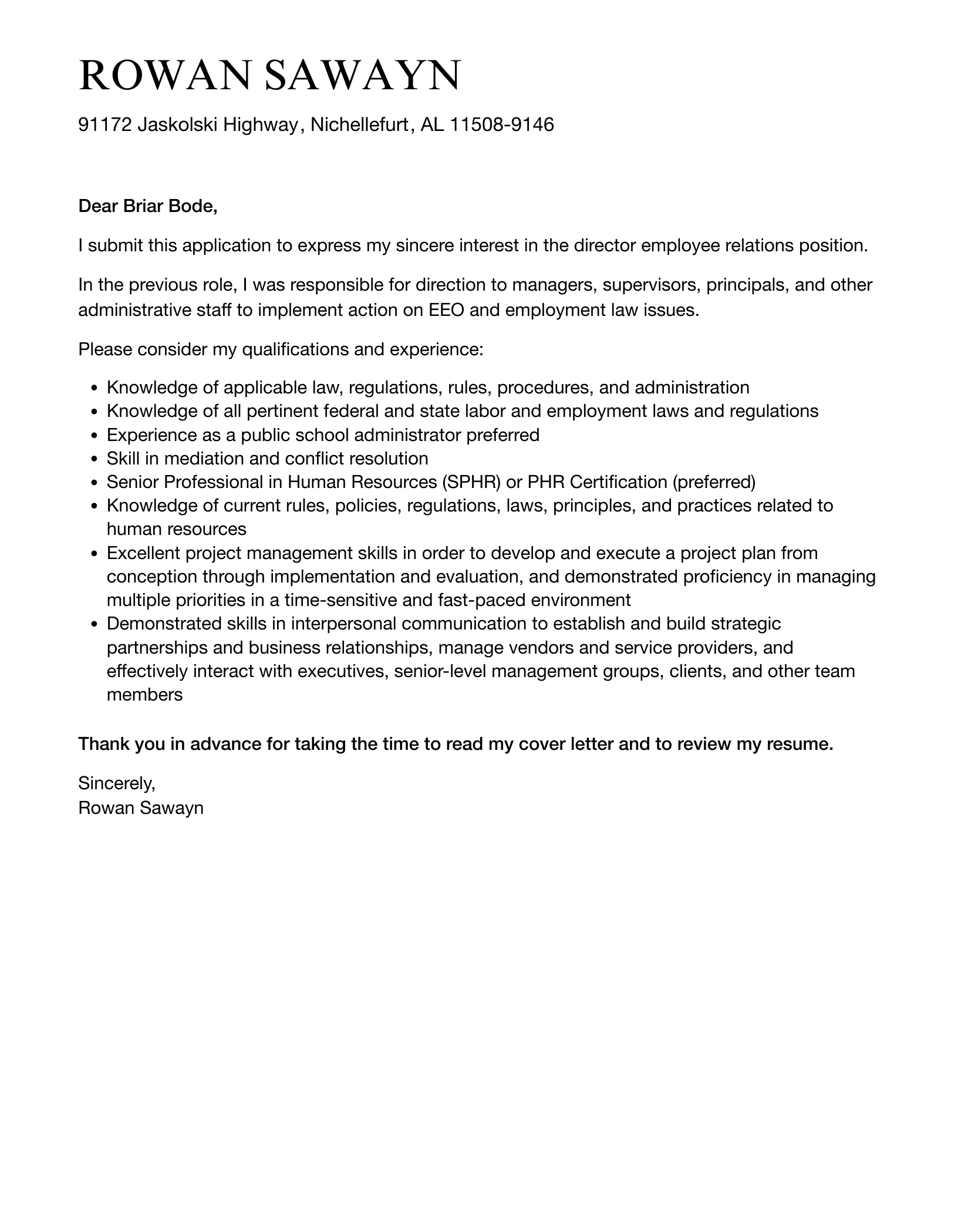 Director Employee Relations Cover Letter Velvet Jobs