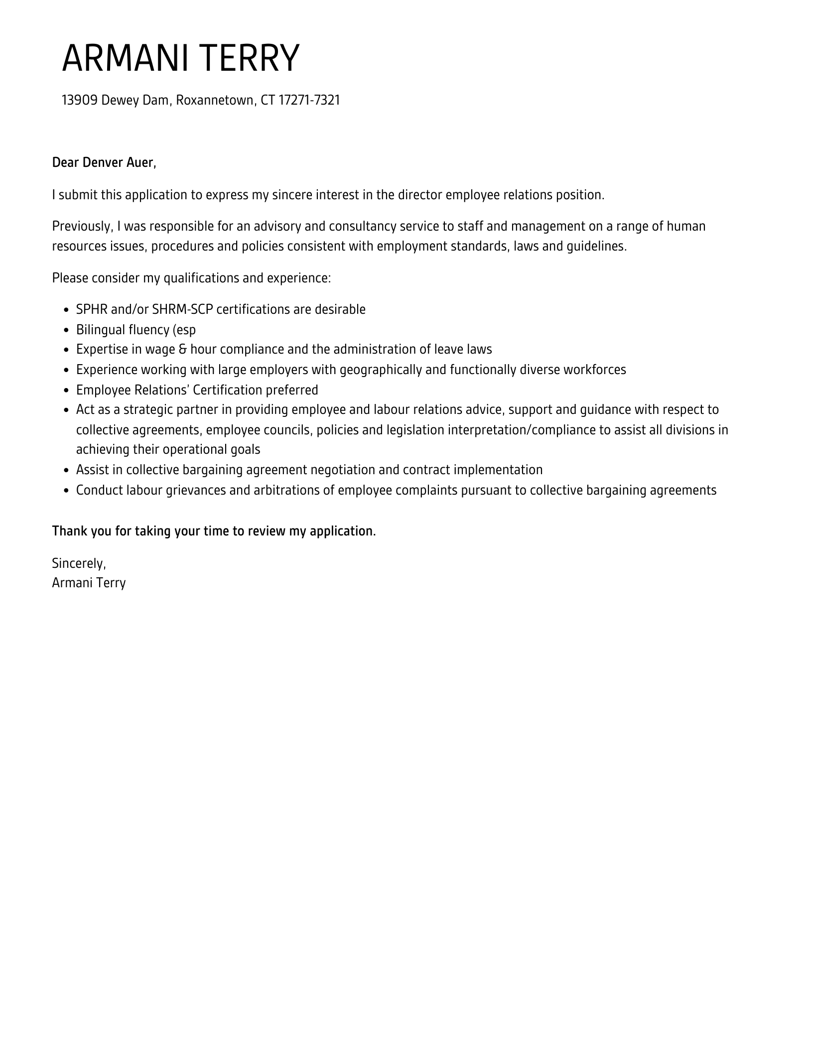 Director Employee Relations Cover Letter Velvet Jobs