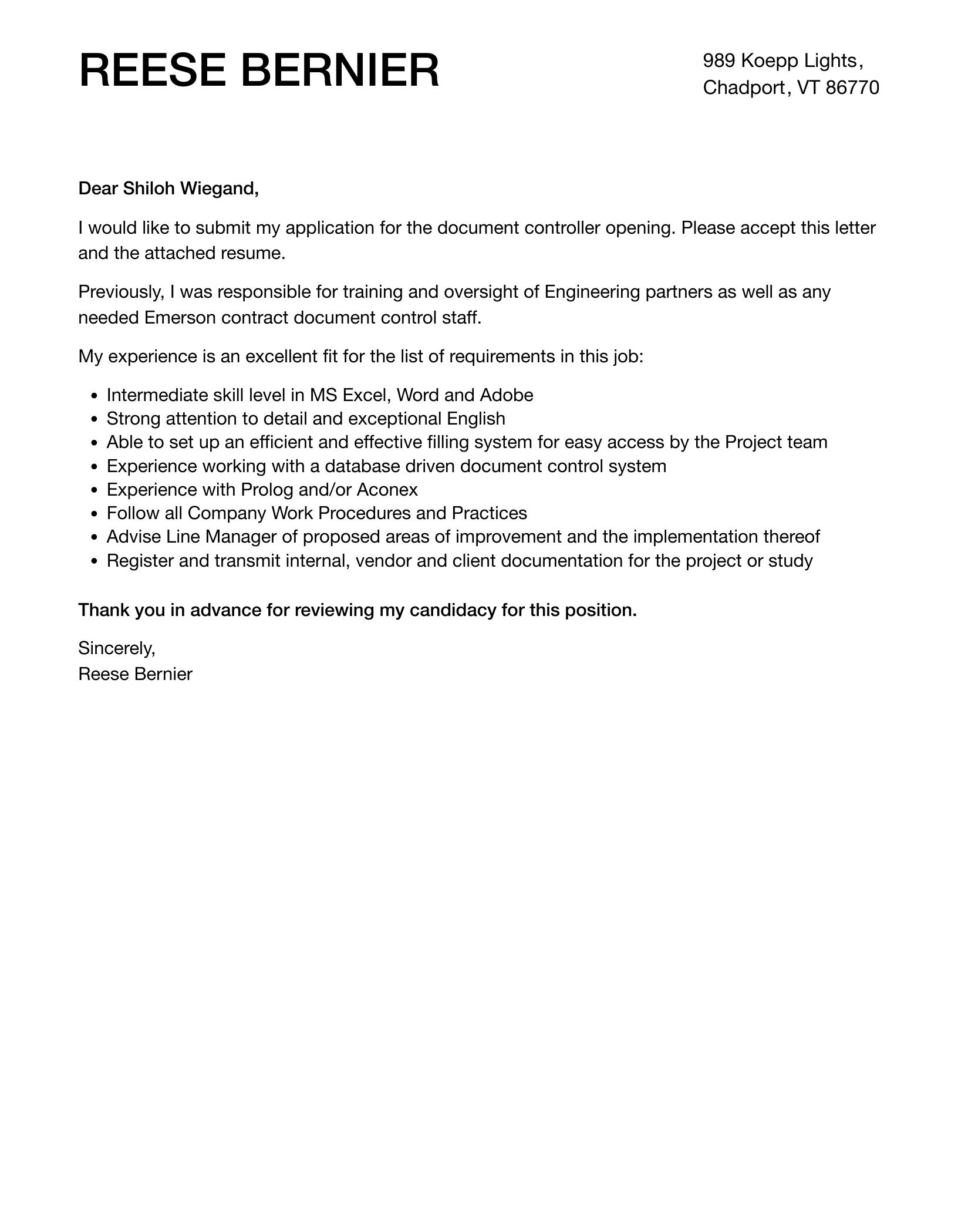Document Controller Cover Letter Velvet Jobs