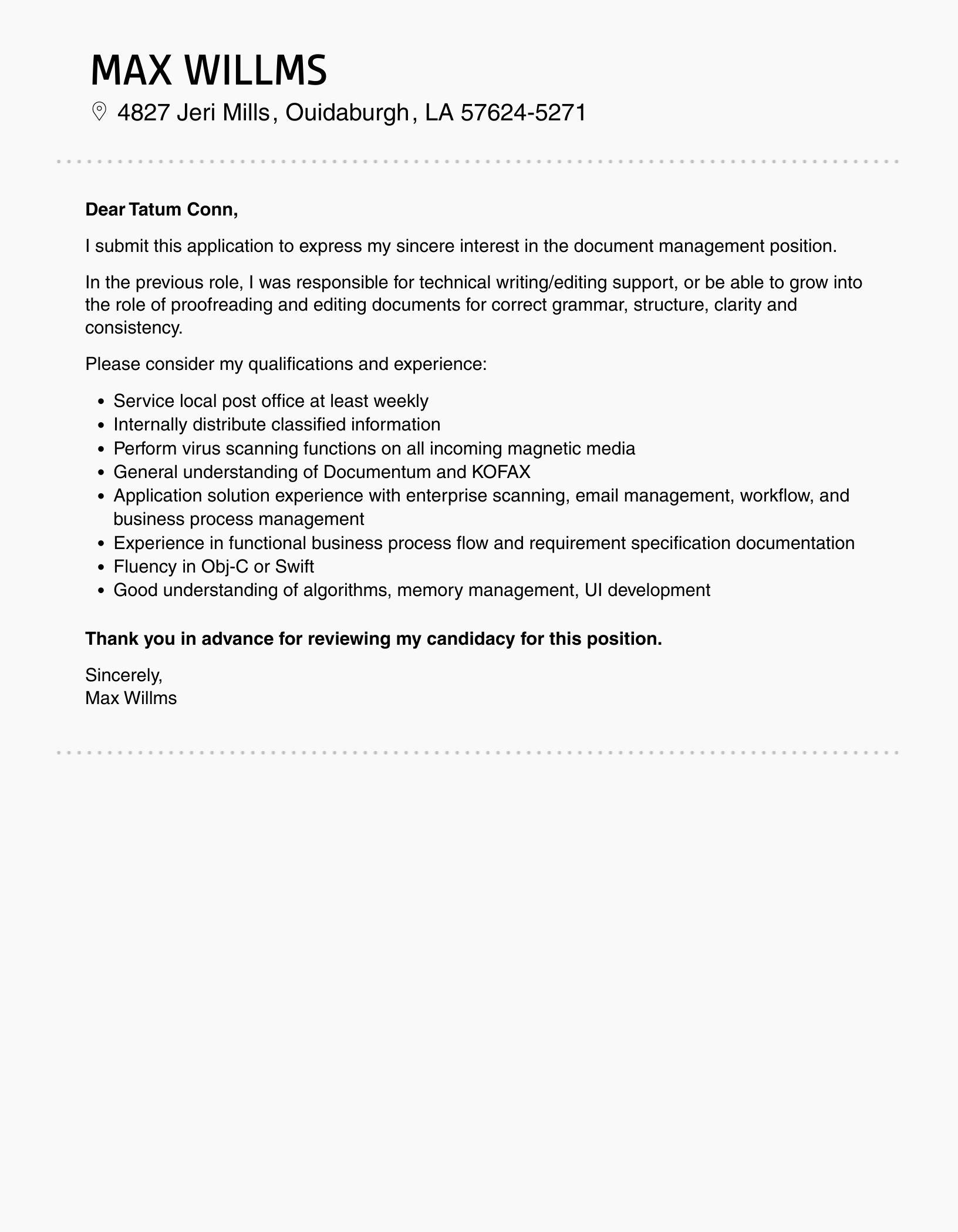 Document Management Cover Letter Velvet Jobs