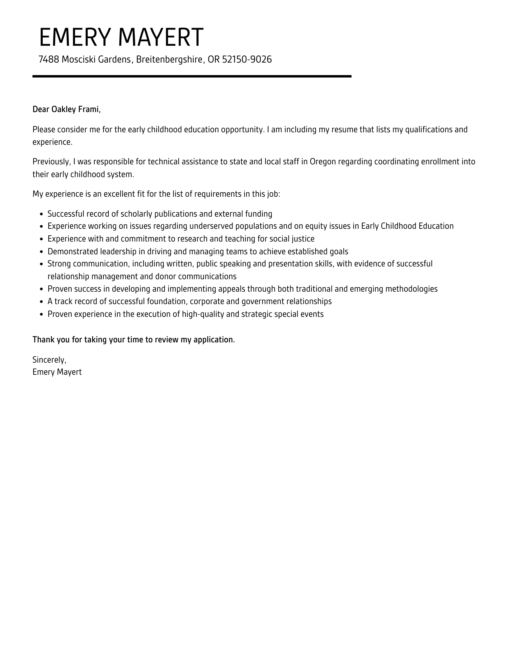 Early Childhood Education Cover Letter Velvet Jobs