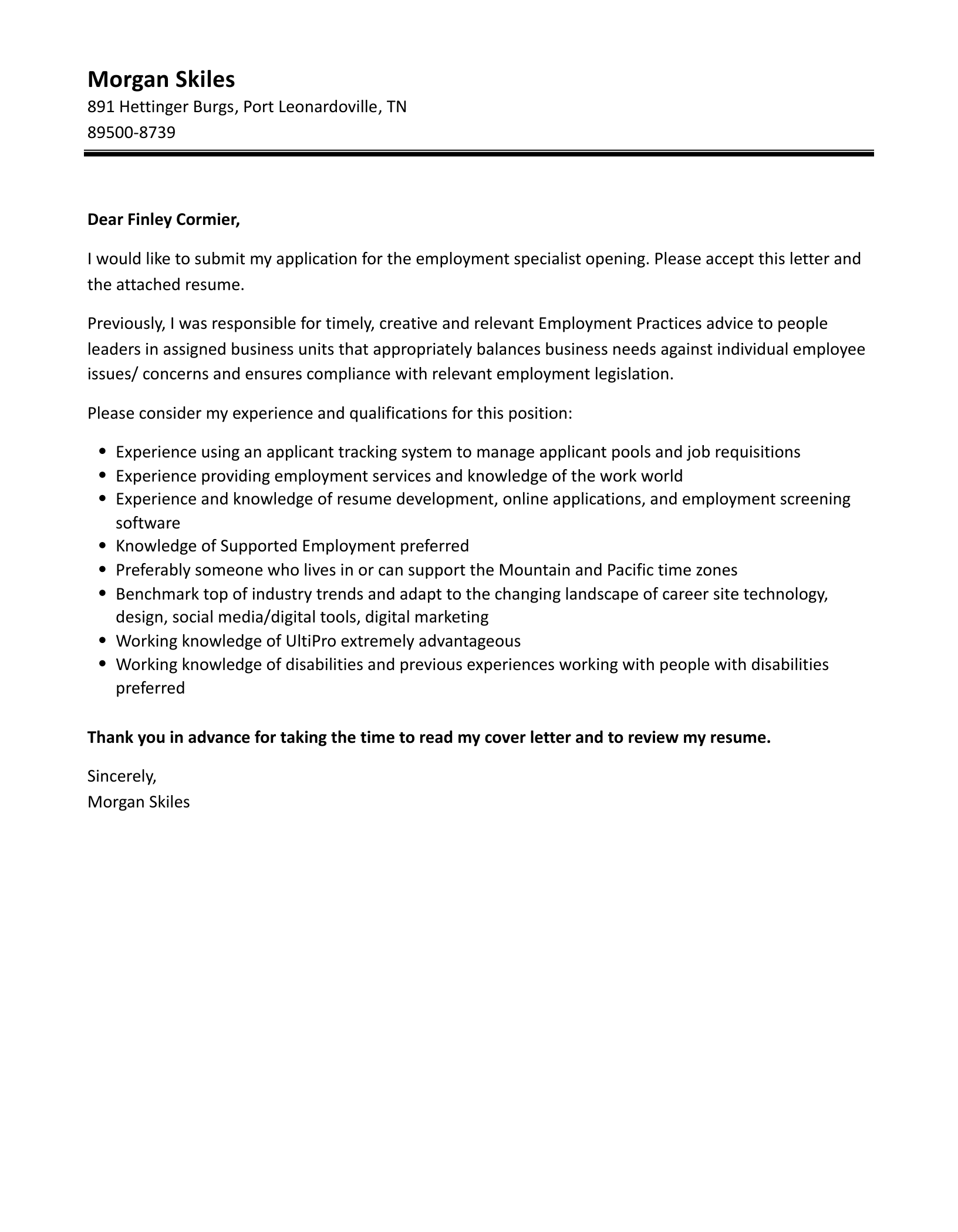 Employment Specialist Cover Letter Velvet Jobs