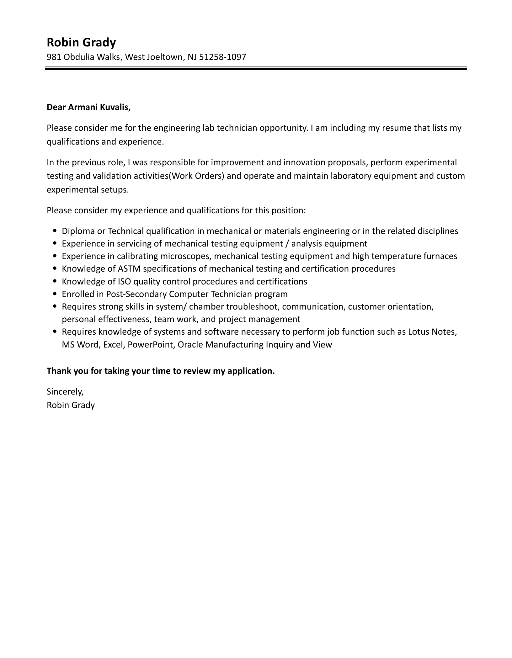 Engineering Lab Technician Cover Letter Velvet Jobs