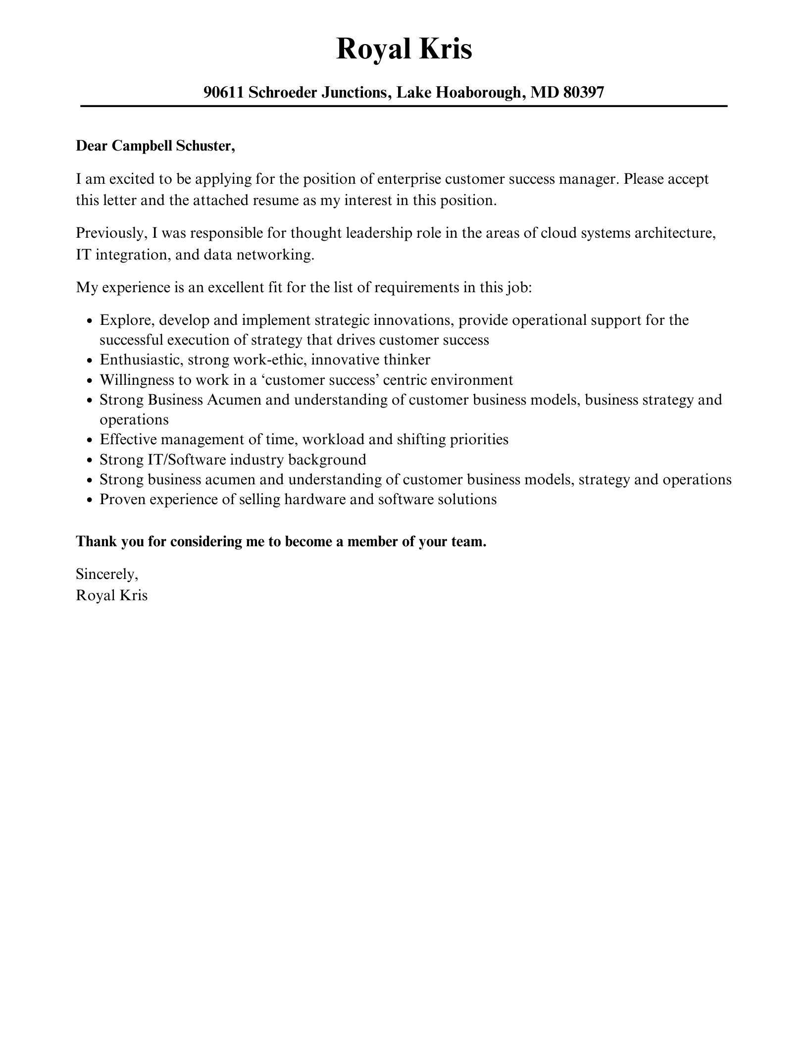 Enterprise Customer Success Manager Cover Letter Velvet Jobs