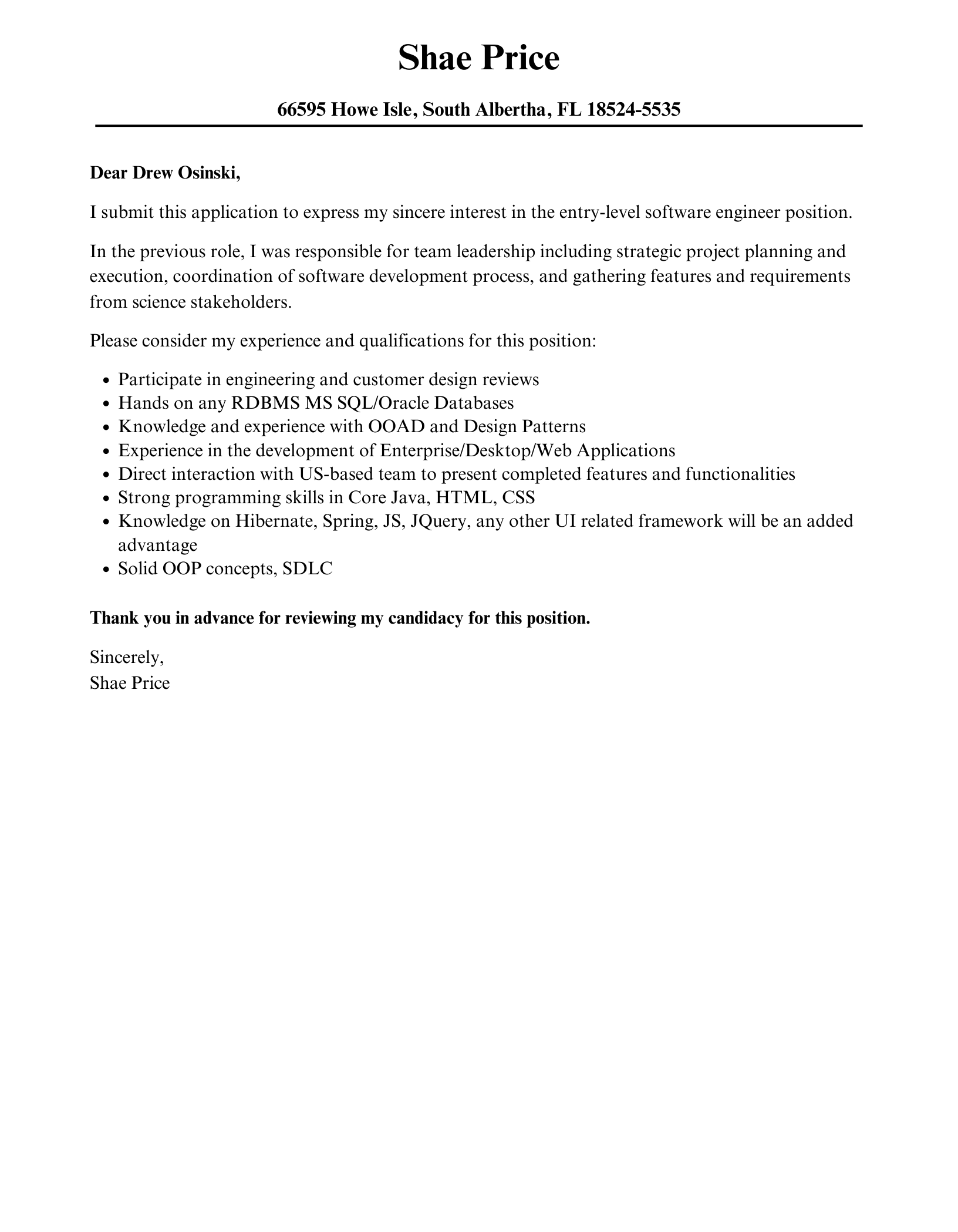 Software Engineering Internship Cover Letter Elmira Wofford