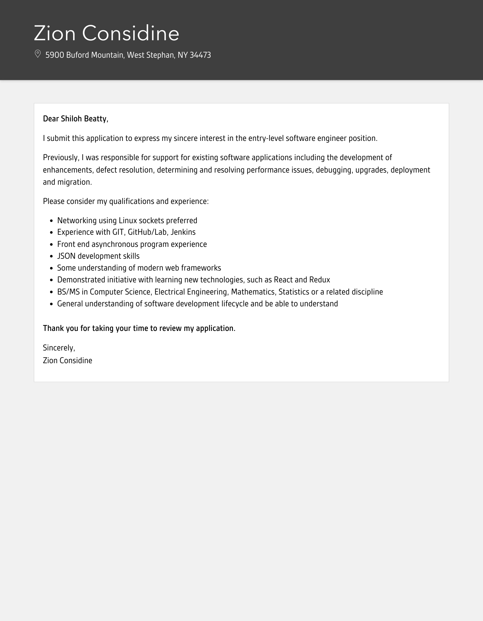Entry Level Software Engineer Cover Letter Velvet Jobs