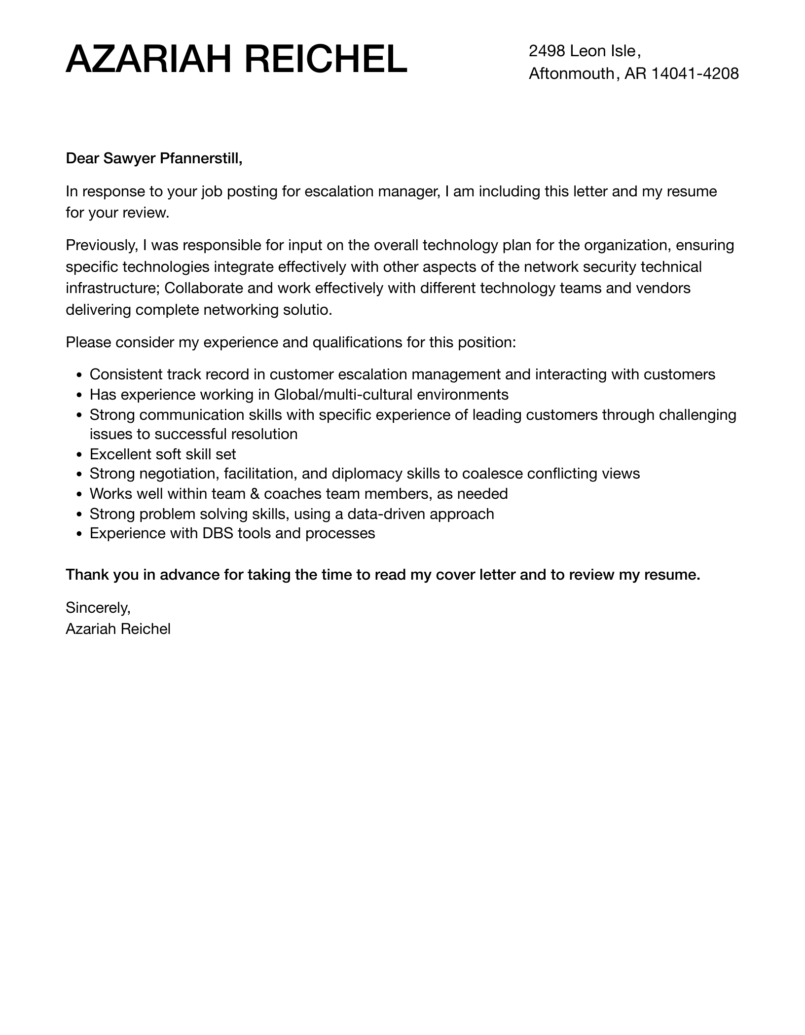 Escalation Manager Cover Letter Velvet Jobs
