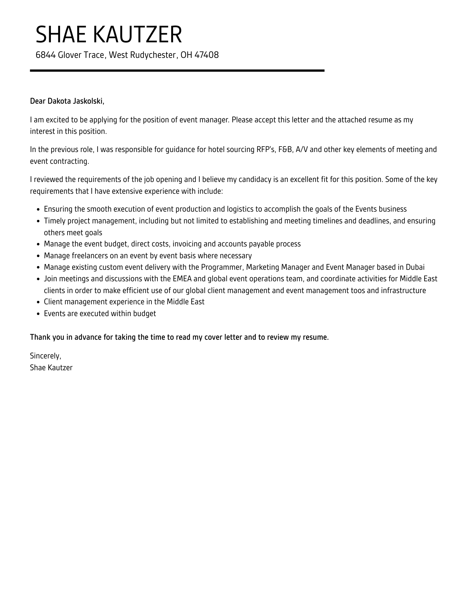 Event Manager Cover Letter Velvet Jobs