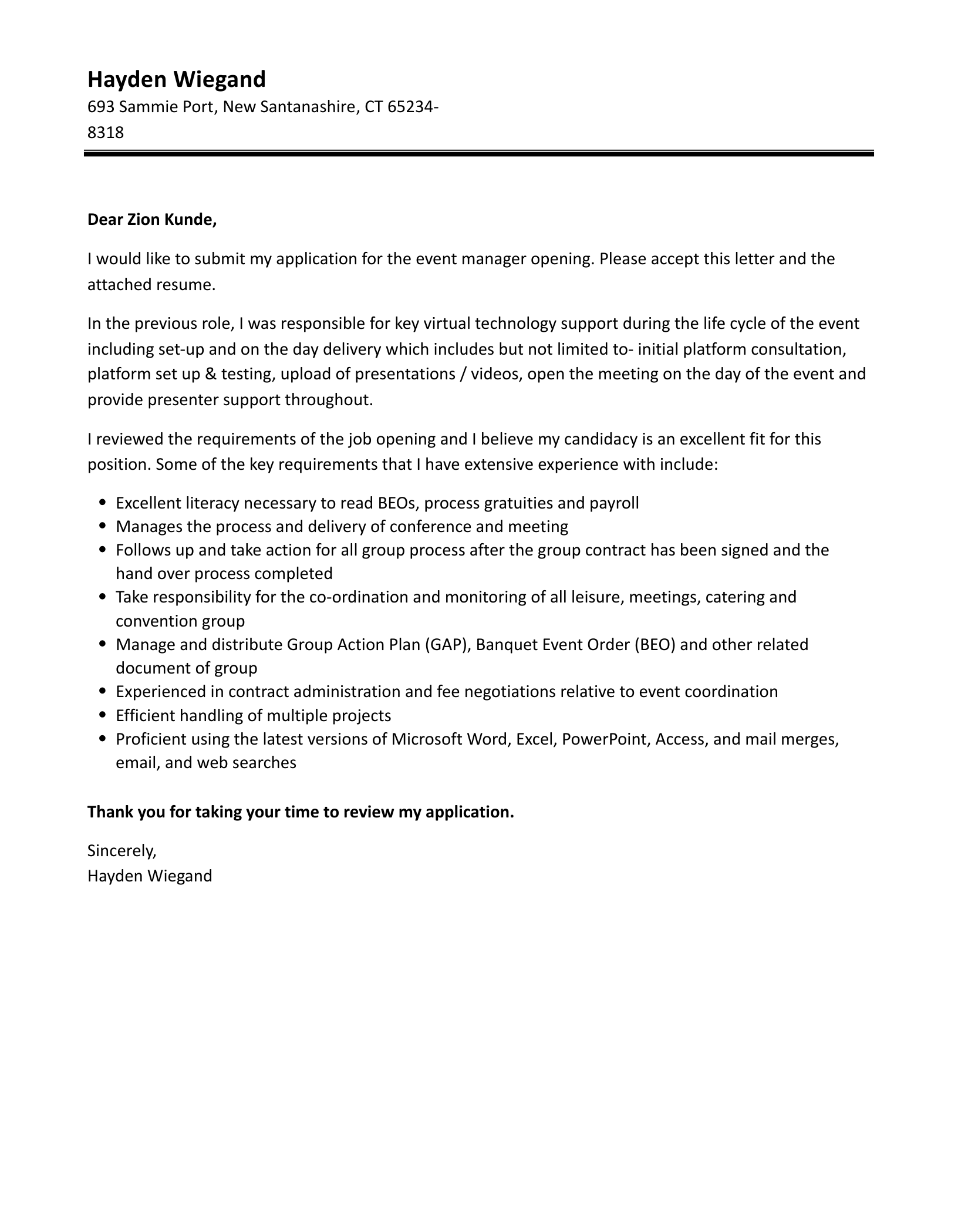 Event Manager Cover Letter Velvet Jobs