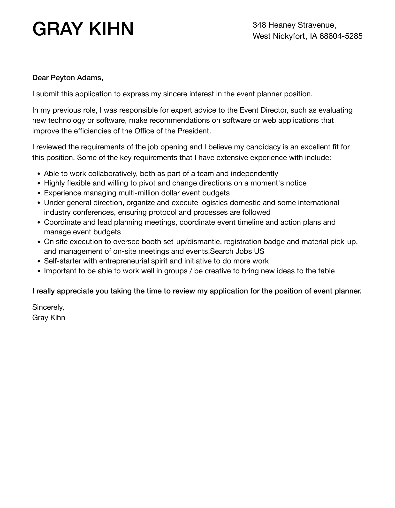 Event Planner Cover Letter Velvet Jobs