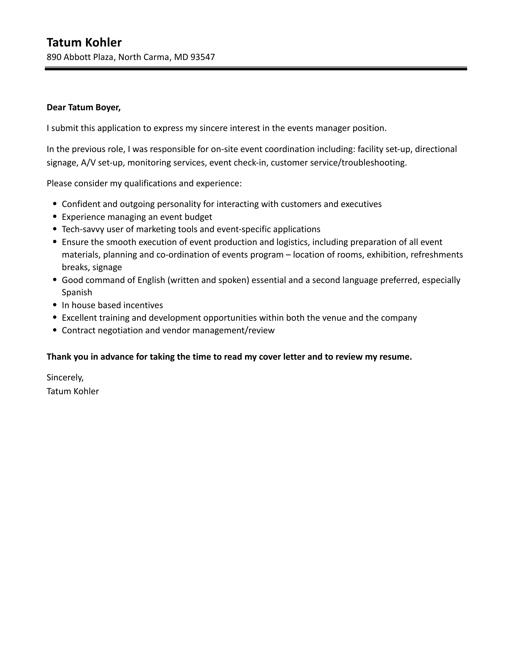 Events Manager Cover Letter Velvet Jobs