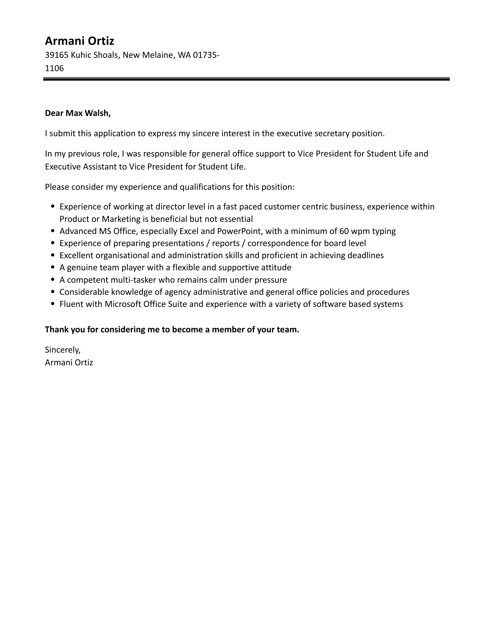 Executive Secretary Cover Letter Velvet Jobs